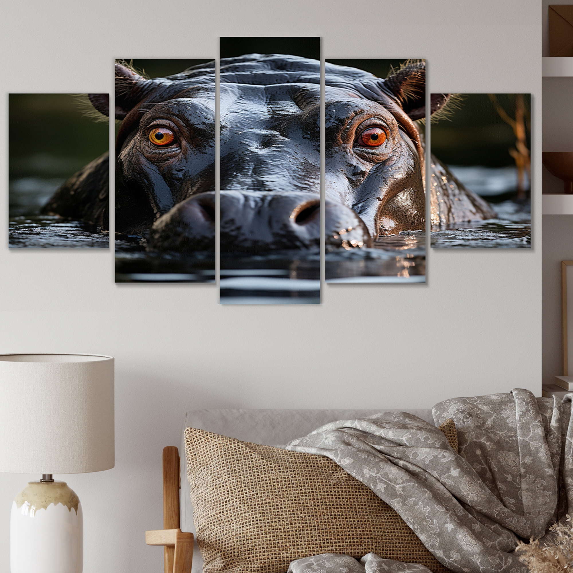 Ebern Designs Hippopotamus Portrait Monochrome On Canvas 5 Pieces Print ...