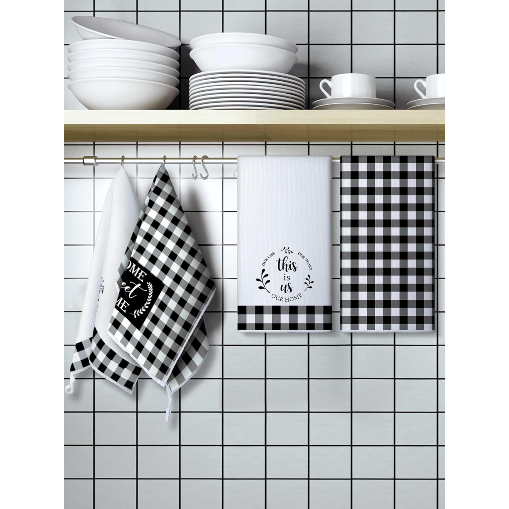 August Grove® 4 Pieces Buffalo Plaid Kitchen Towels Farmhouse Black ...