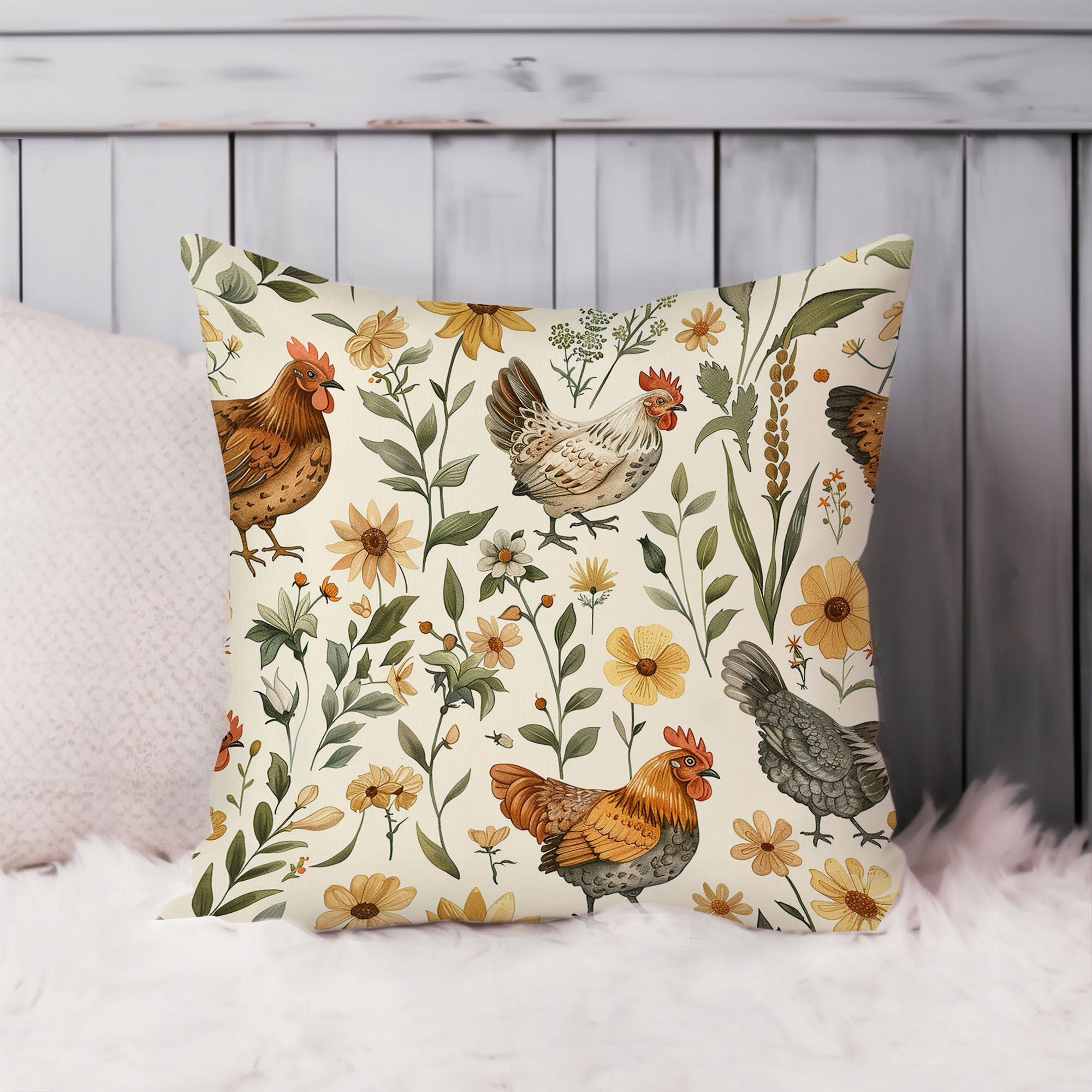 Ethan Taylor Animals Rustic Farmhouse Chickens Pattern IV Farm Animals Chicken Pillow Cover ...