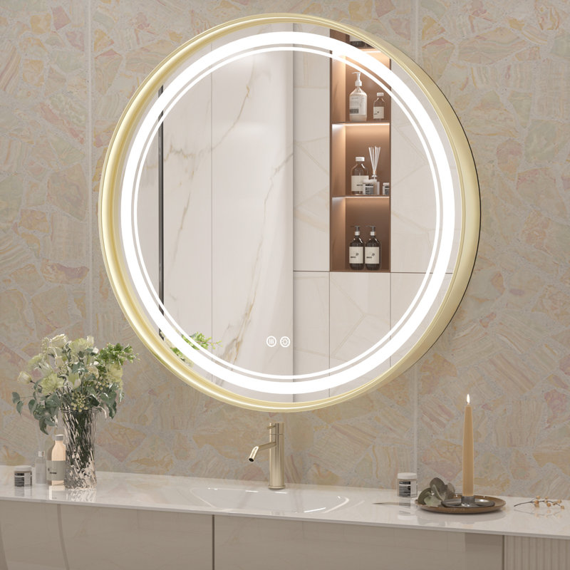 Latitude Run® Lawnmount Round Vanity Mirror LED Lighted Metal Wall ...