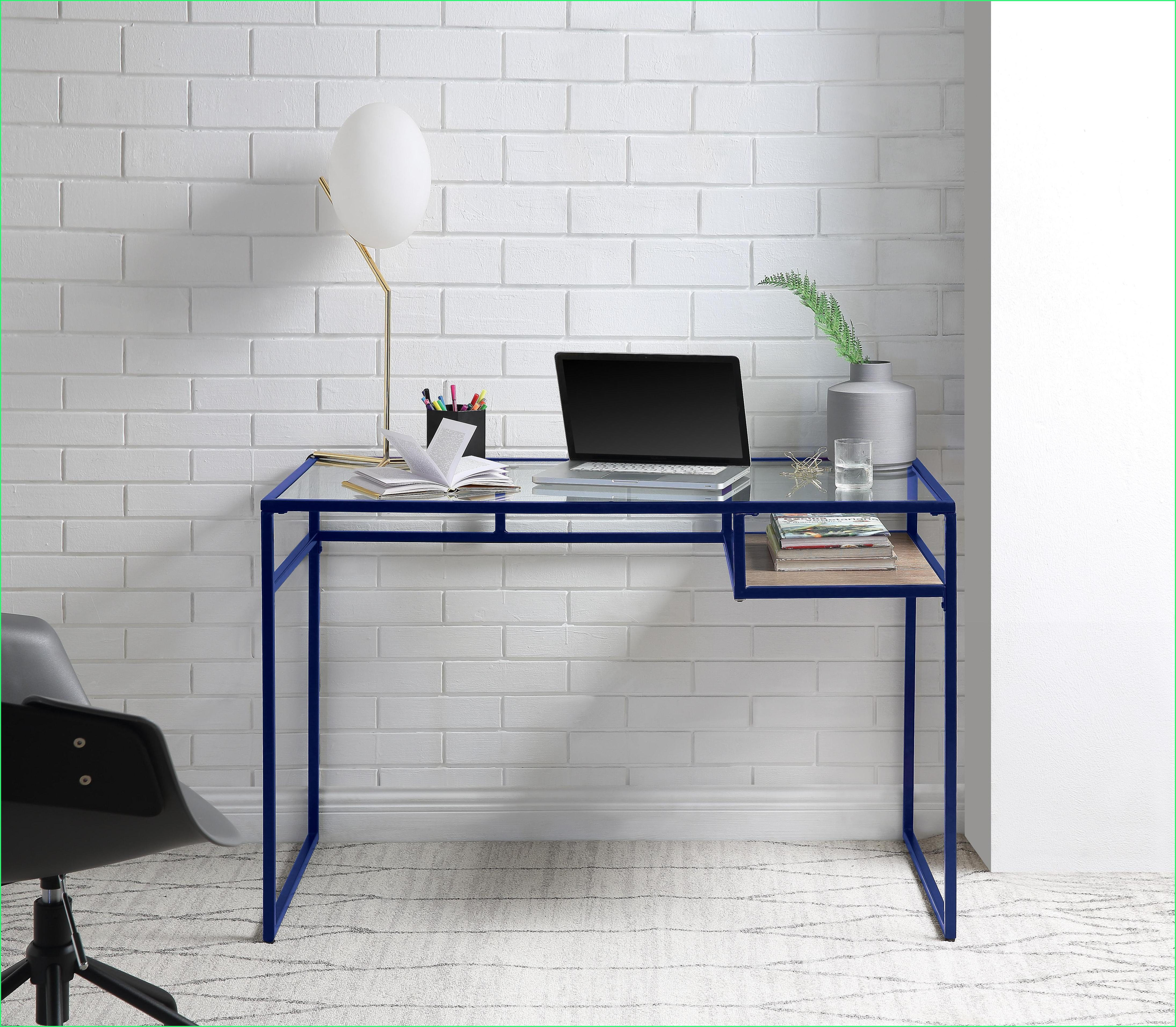 Inbox Zero Desks, Modern Writing Desk with 5mm Clear Glass Top | Blue ...