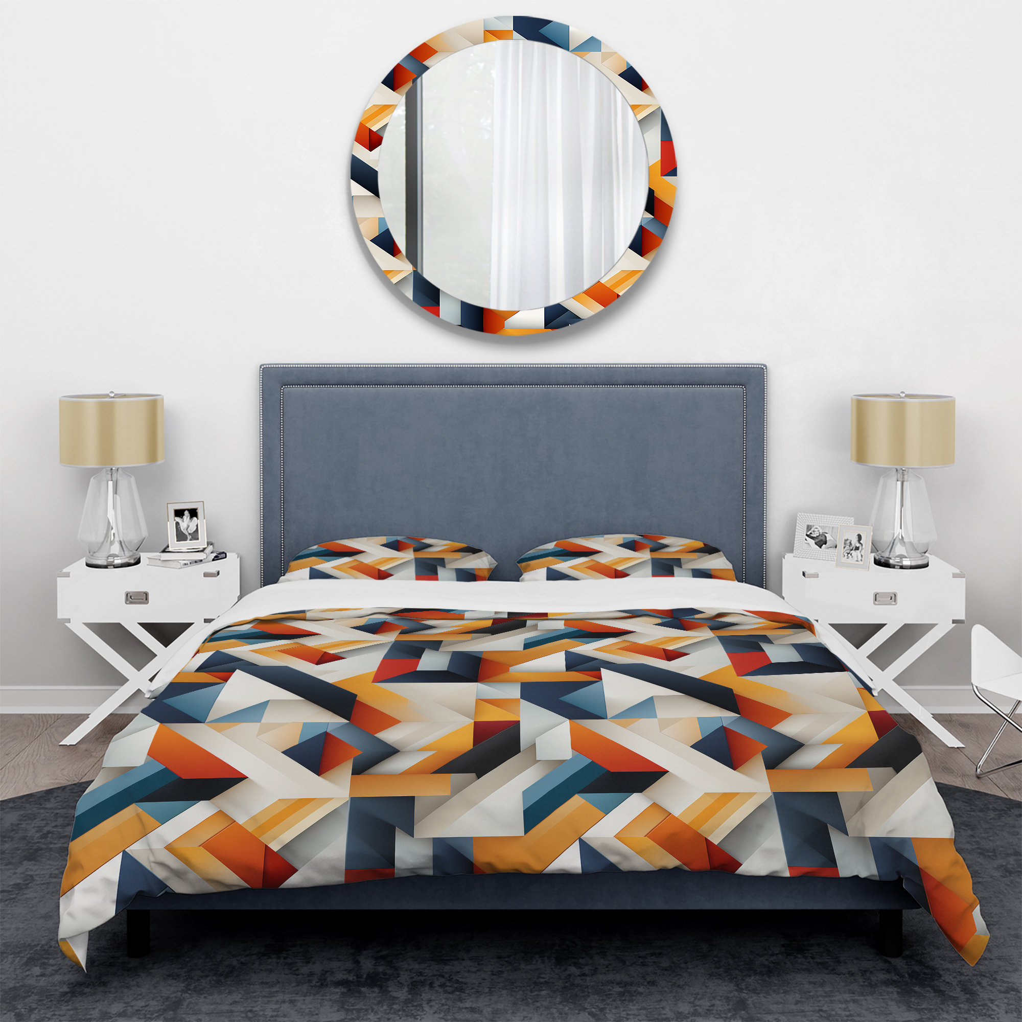 Design Art Orange And Grey Geometric Fusion Yellow/Orange Microfiber ...