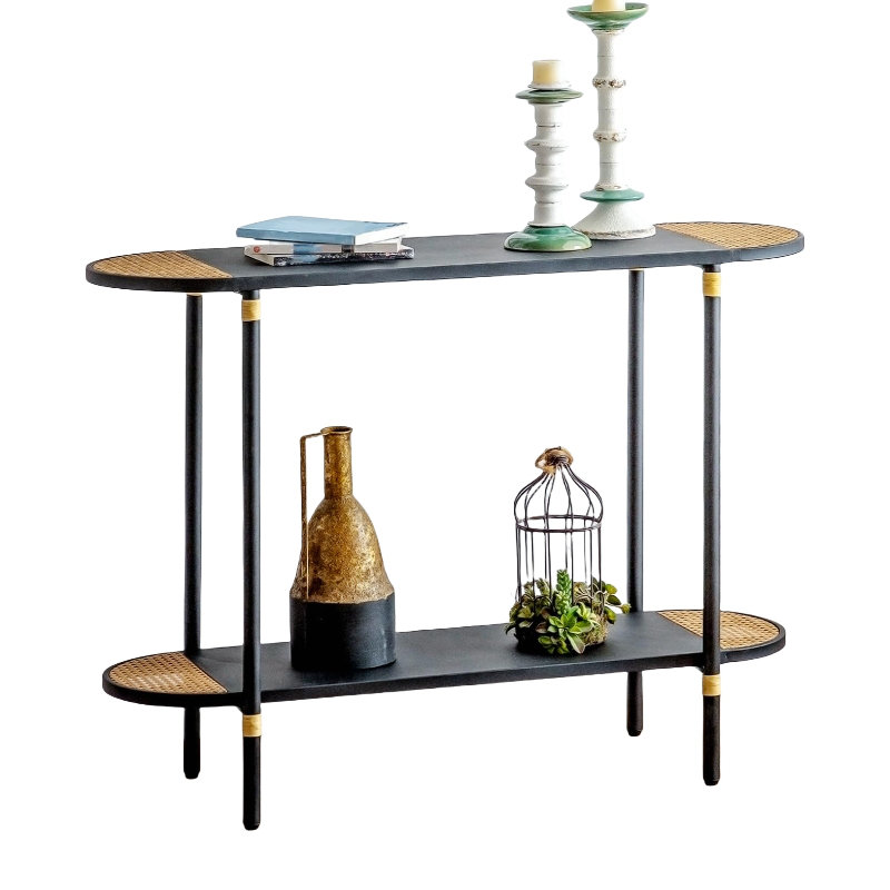 Bayou Breeze Black Metal 2-Tier Console Table with Rattan | Wayfair