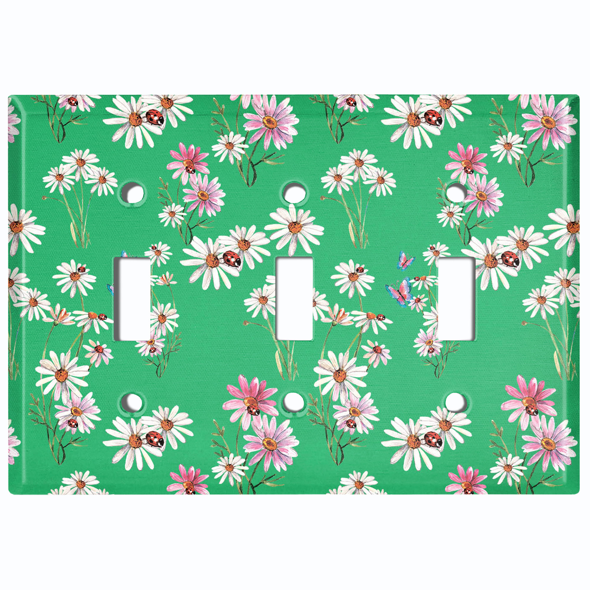 WorldAcc White Dandelions Lady Bug Butterfly Green 3-Gang Toggle Light ...