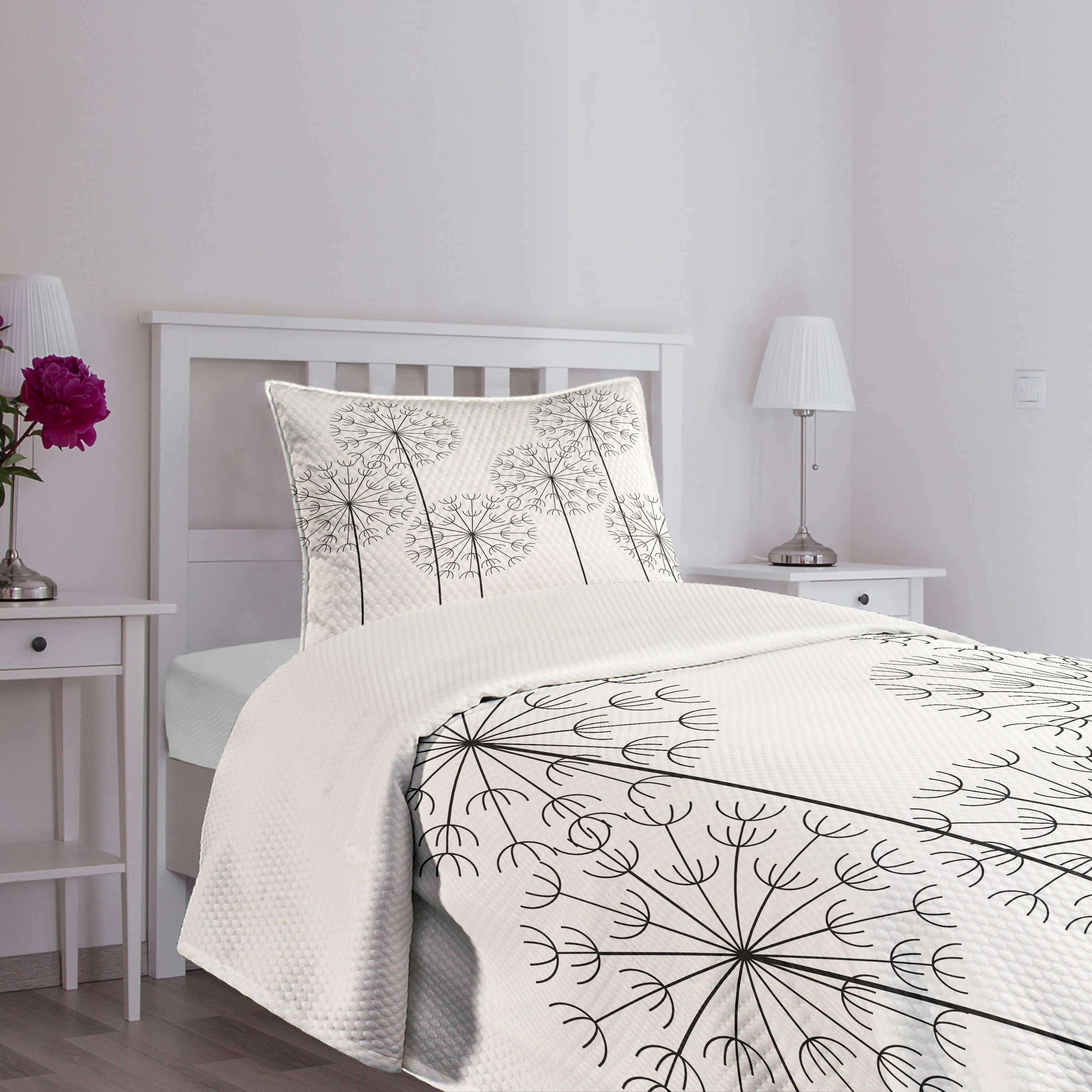 Ambesonne Floral Bedspread Set Digital Flower Dandelion Black and White ...