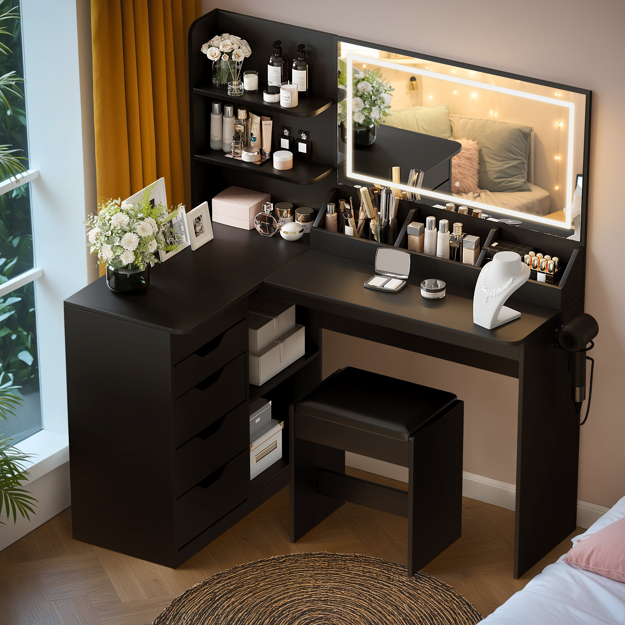 Devoko Corner Makeup Vanity Desk with Lights and Mirror, 47" L Shaped ...