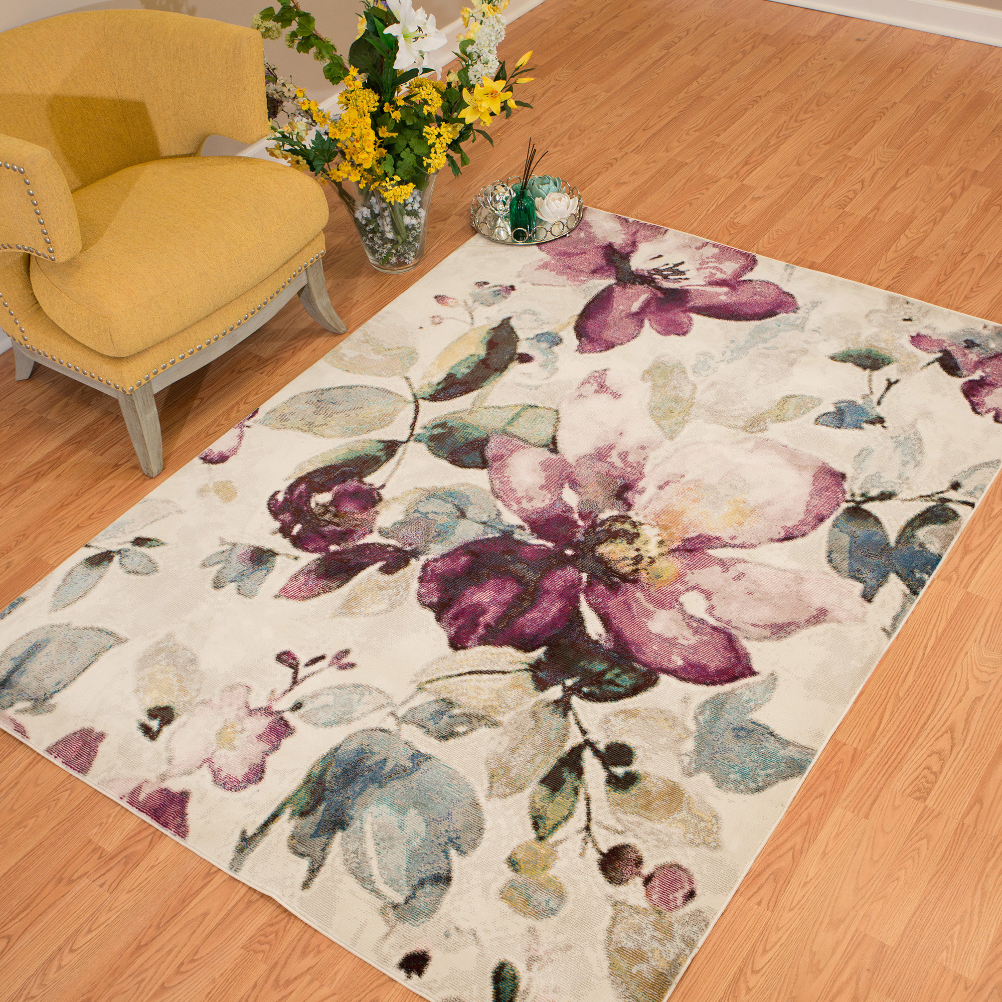 Winston Porter Mcpeters Floral Area Rug in Ivory/Purple & Reviews | Wayfair