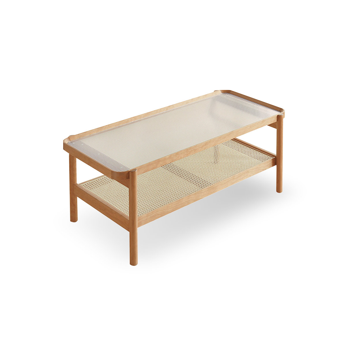Wren Decors Burlywood Solid Wood + Glass + Rattan Rectangular Coffee ...