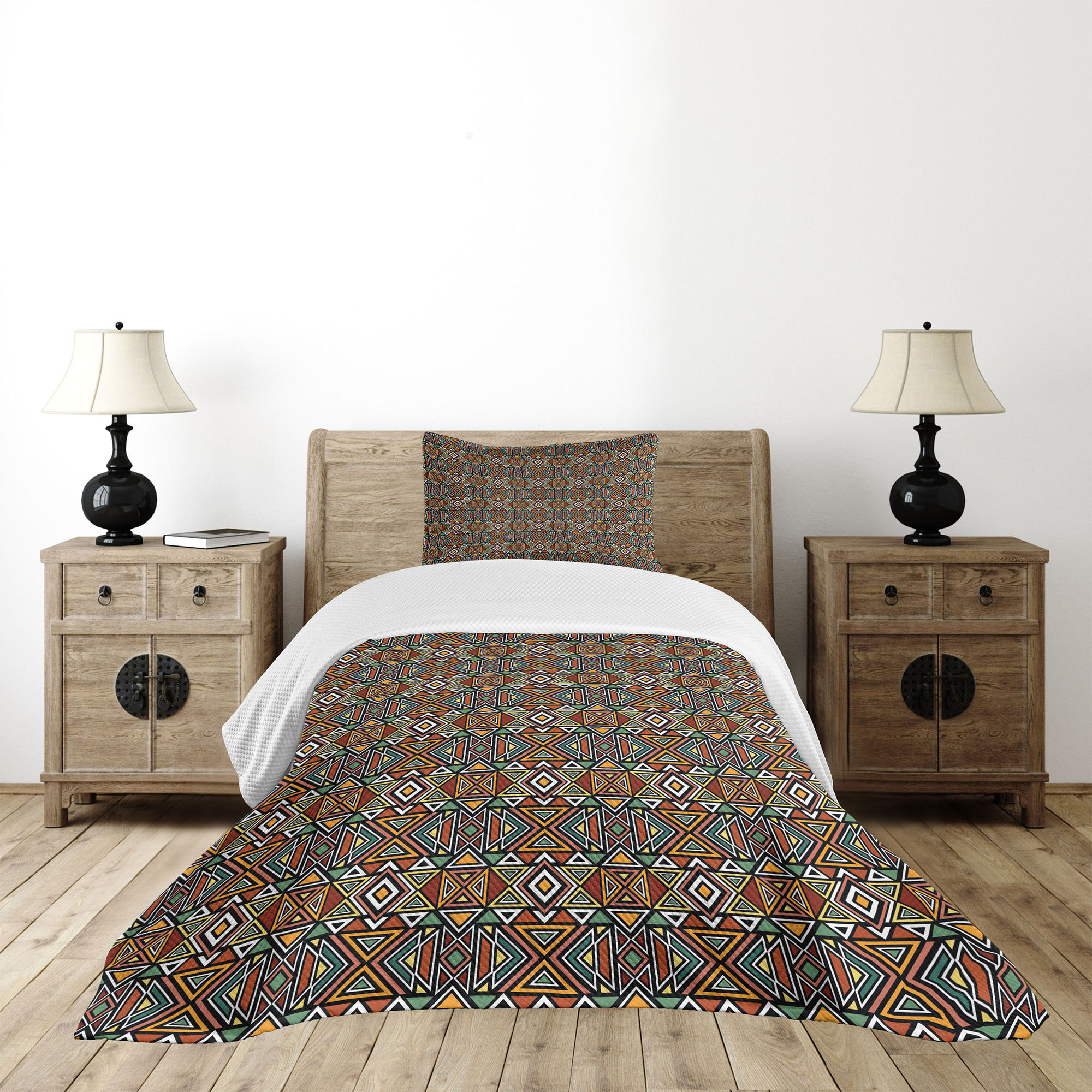 Ambesonne Aztec Bedspread Set Cultural Folk Boho Triangles Multicolor ...