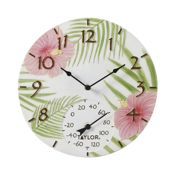 Taylor Pink Hibiscus Poly Resin Clock and Thermometer, 14 Inch, Multi ...