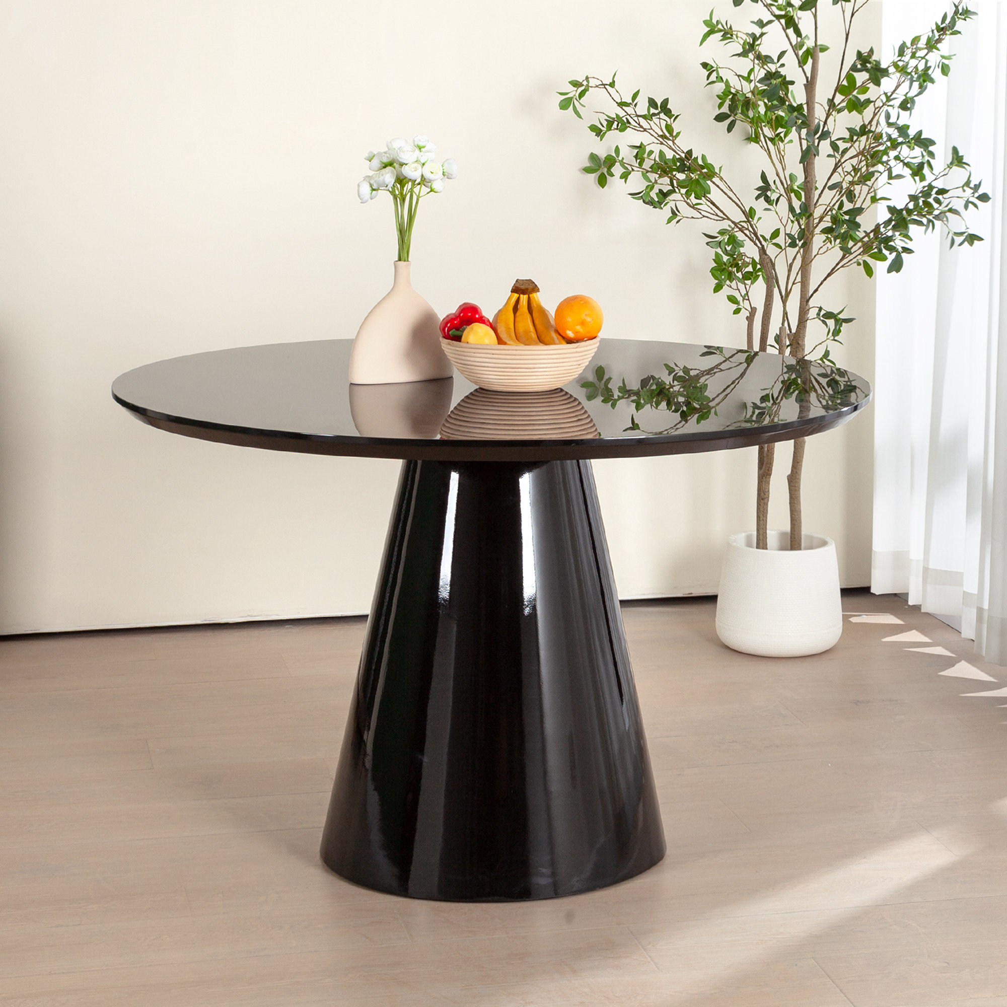 Brayden Studio Aden High Gloss Round Dining Table with Solid Wood ...