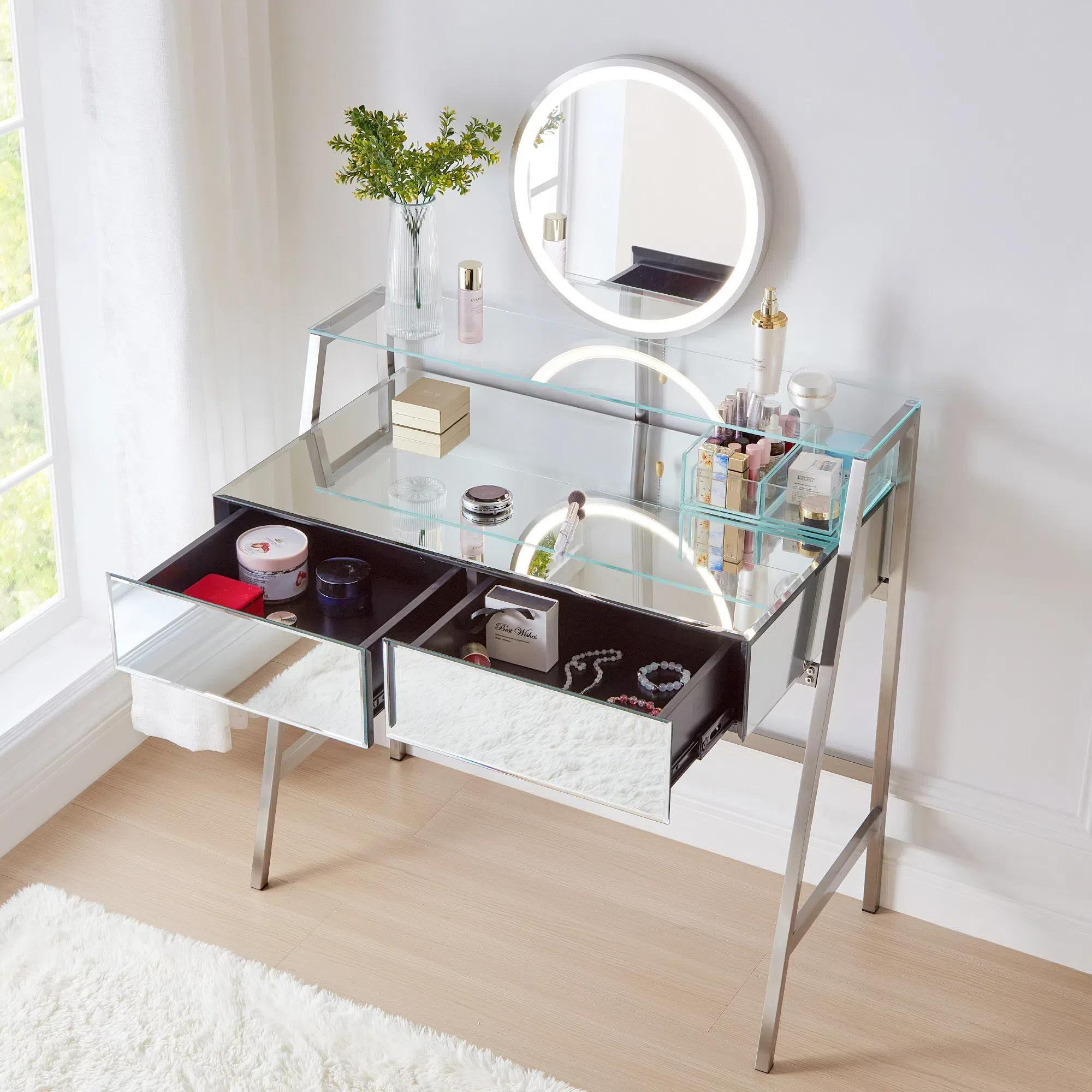 Mercer41 33.9" Mirrored Makeup Vanity Desk with Mirror and Lights ...