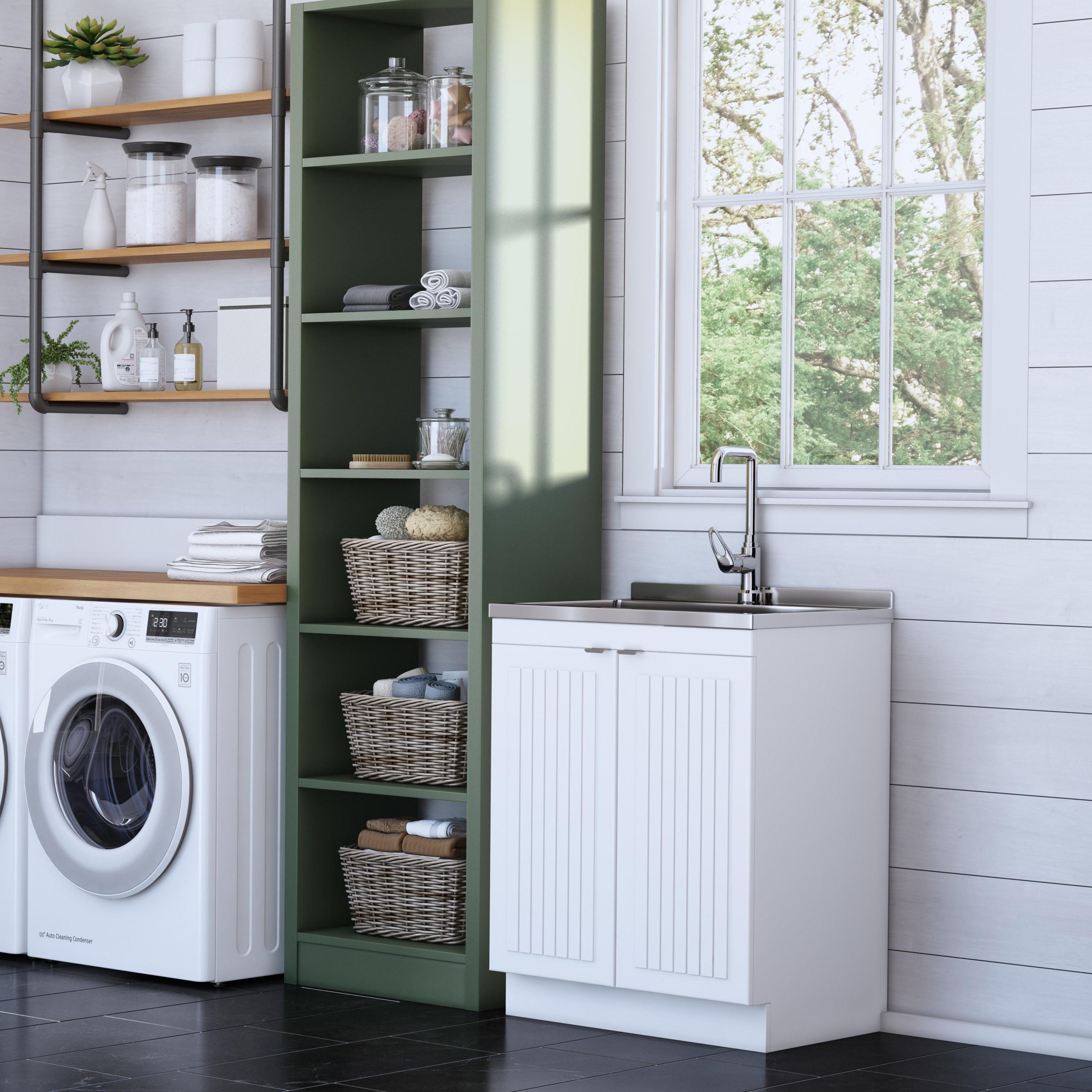 Simpli Home Murphy 28"W Utility Sink & Laundry Cabinet with High-Arch ...