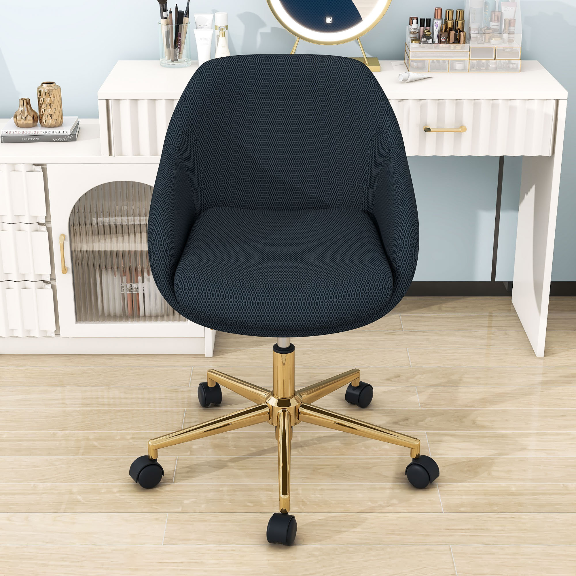 Mercer41 Buna Mesh Fabric Swivel Chair with Adjustable Gold Metal Base ...