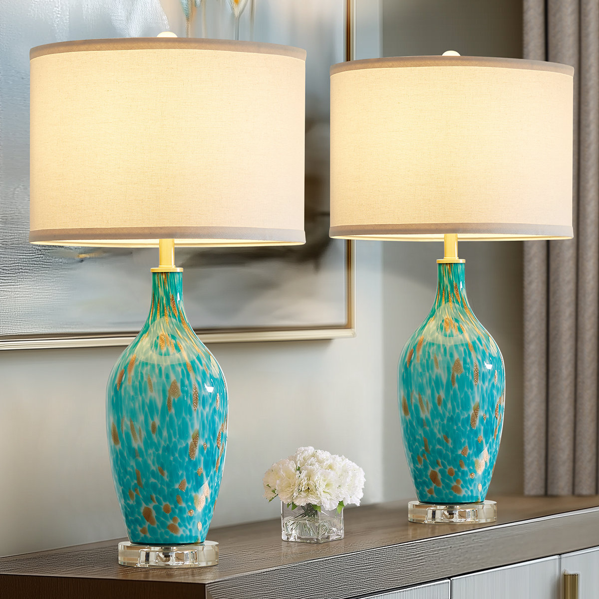 Wade Logan 25.8"Turquoise Leopard Glass Table Lamp with Crystal Base ...