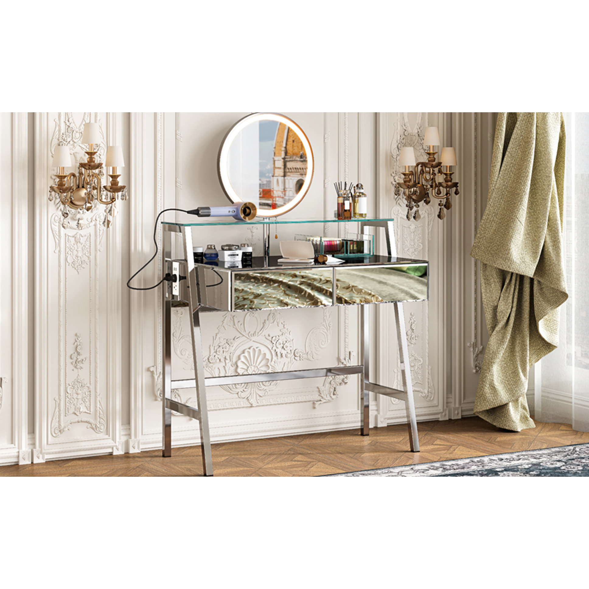 Mercer41 Silver Mirrored Makeup Table For Bedroom With Lights & Mirror ...