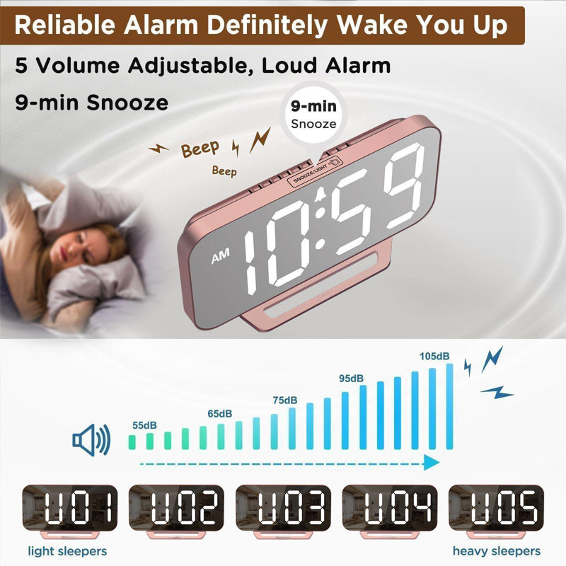 Latitude Run® Slim Digital Mirror Clock, Aesthetic Alarm Clock For ...