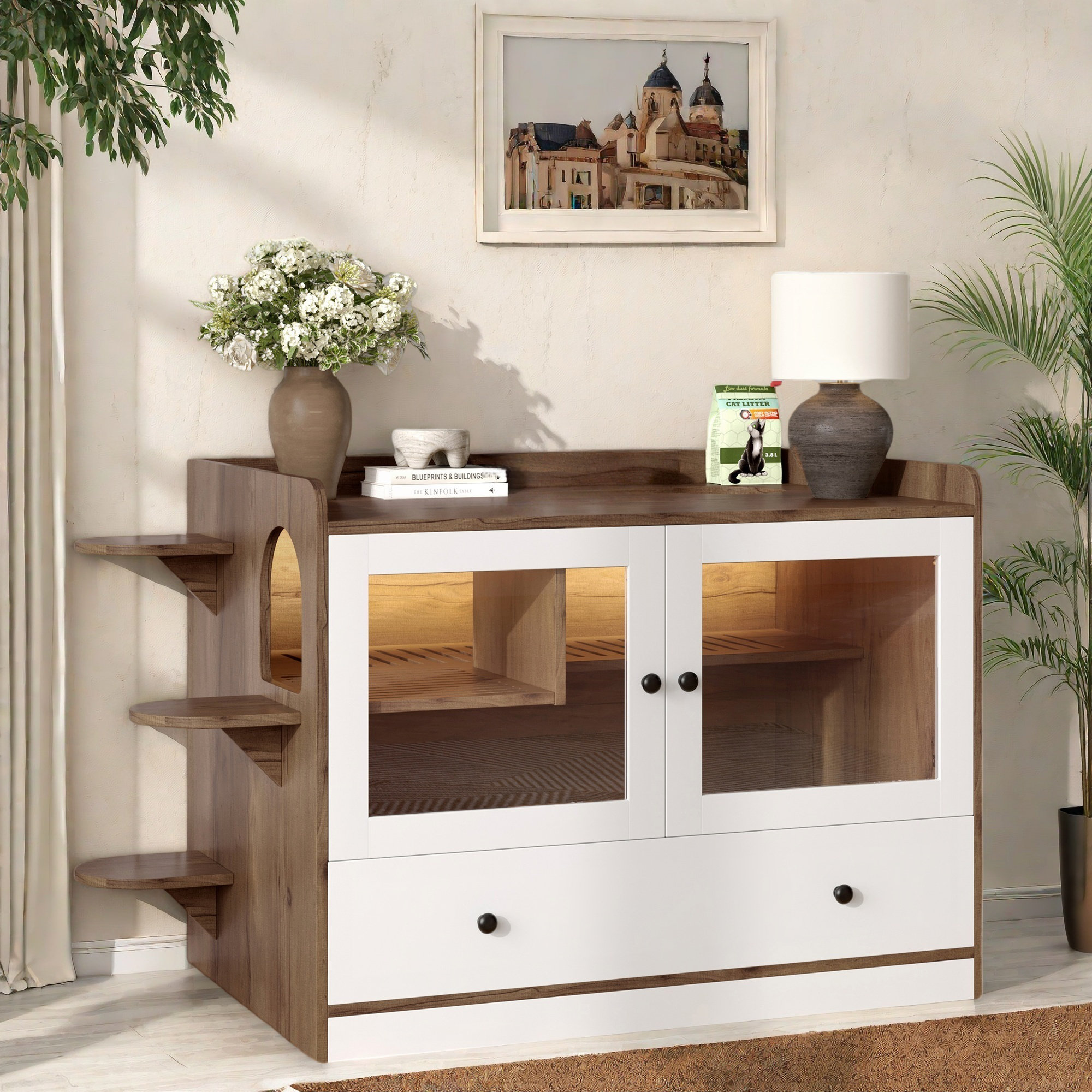 Tucker Murphy Pet™ Cat Litter Box Enclosure With A Drawer, Stairs, A ...