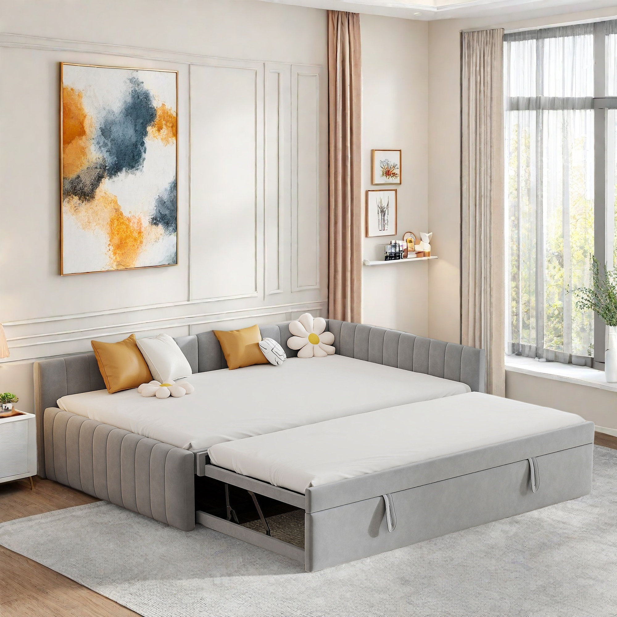 Hokku Designs Upholstered L-shaped Daybed With Pop Up Trundle And ...