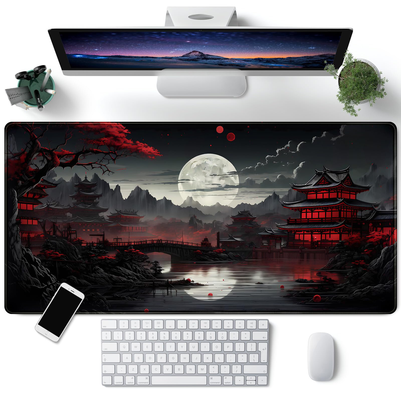 Fish hunter Desk Mat Riverside Full Moon Desk Pad Black Red Large Mouse ...