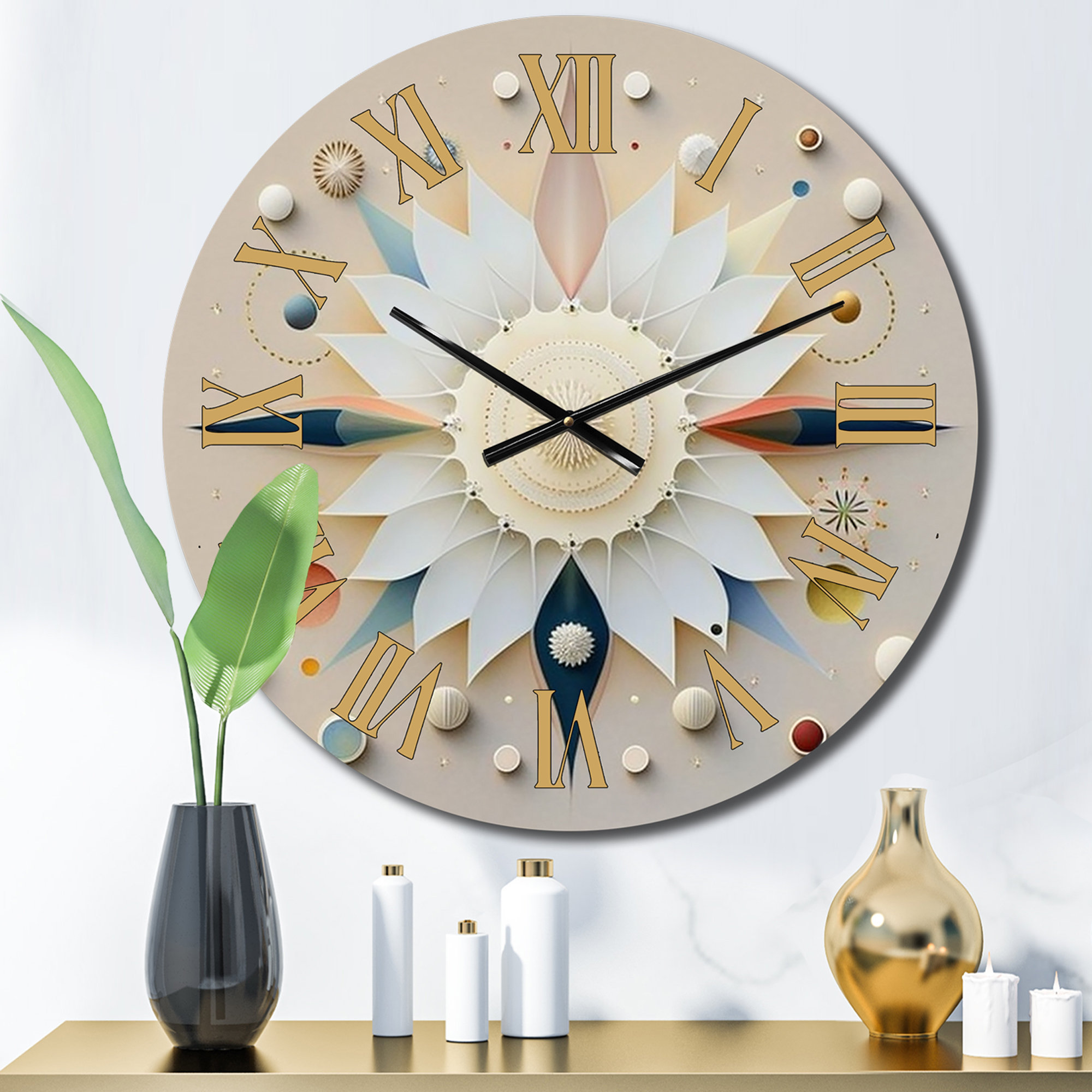 Design Art Visionary Dream Retro Mandala On White V Metal Wall Clock ...
