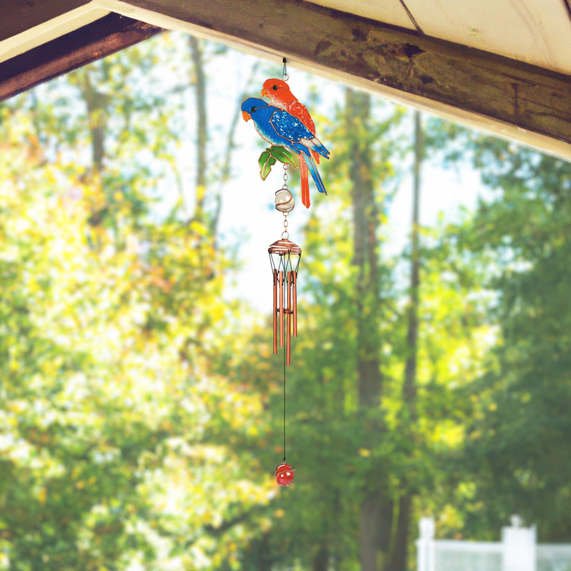 Arlmont & Co. Rezki 20" Long Blue and Red Parrot Couple Wind Chime with ...