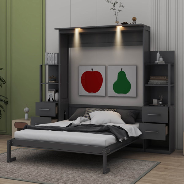 Latitude Run® Manolla Queen Size Murphy Wall Bed with Shelves, Drawers ...