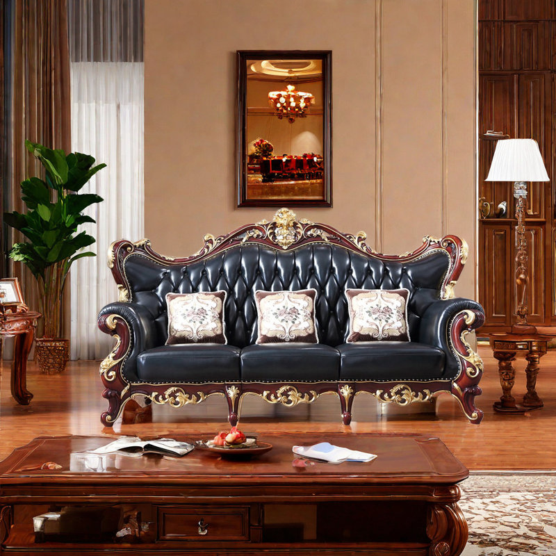 Romero Solid Wood American Sofa 92.52'' Genuine Leather Rolled Arm Sofa ...