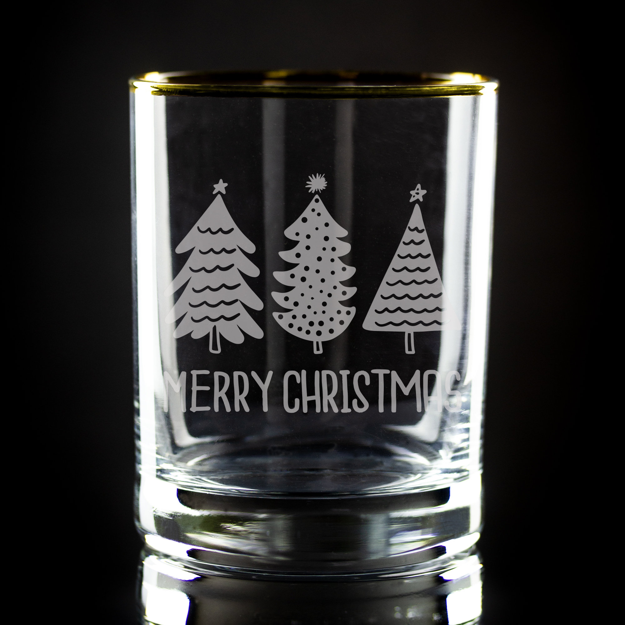 Ebern Designs Merry Christmas Trees Gold Rimmed Rocks Glass (Set of 2 ...