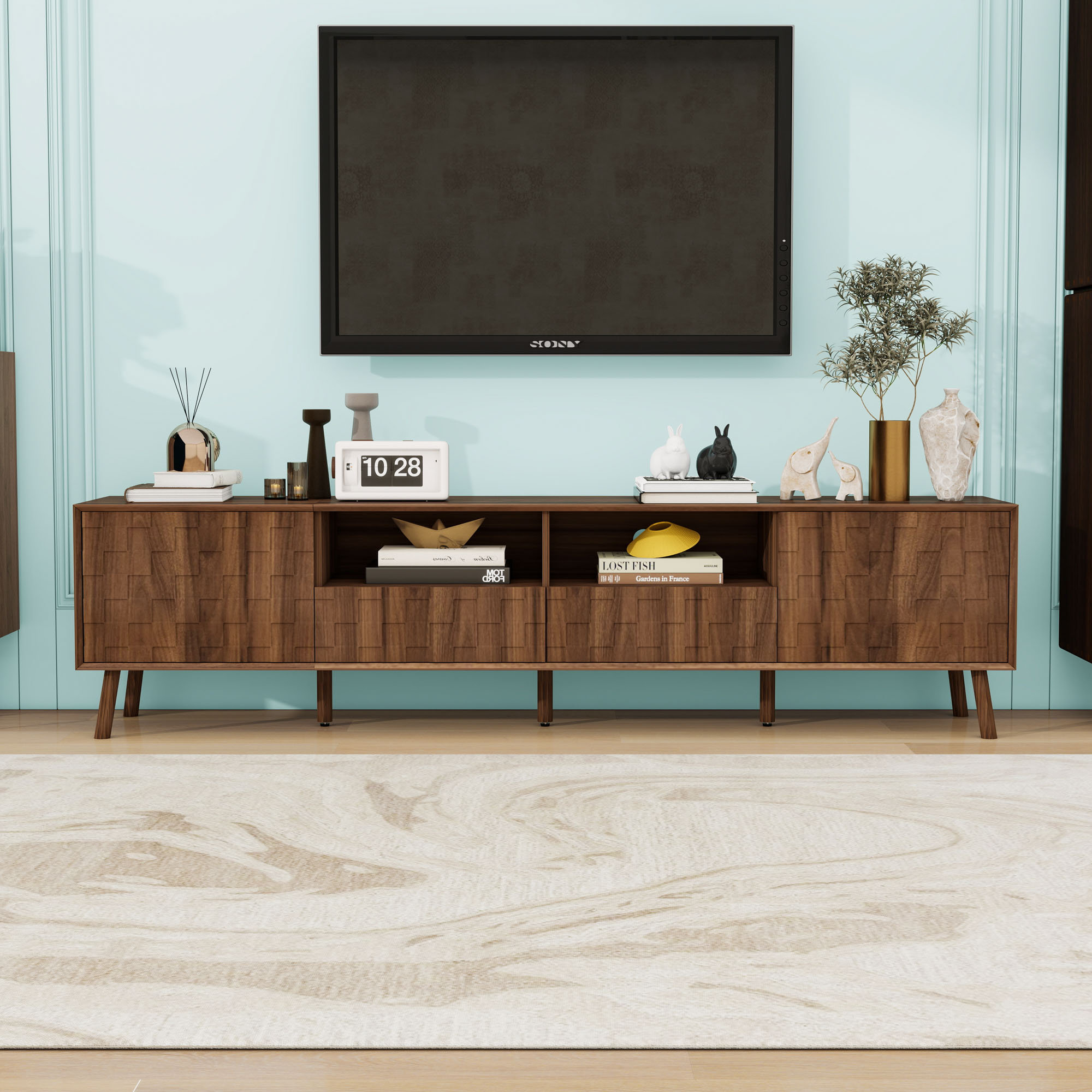 Latitude Run® Elegant TV Stand with Textured Square Pattern, Solid Wood ...