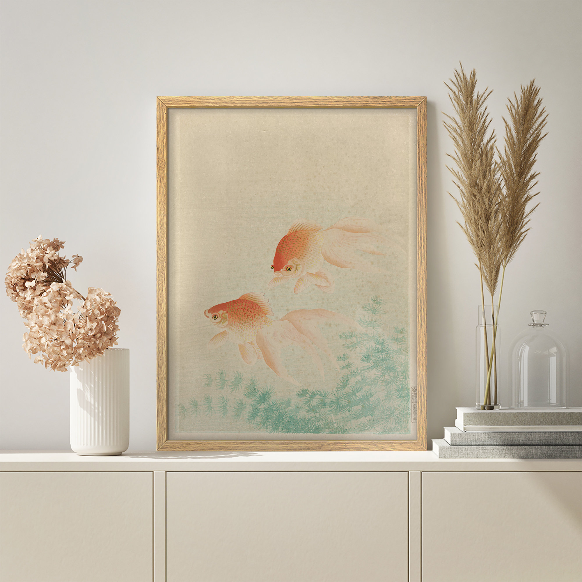 SIGNLEADER Japanese Goldfish Framed Wall Art in Traditional Watercolor ...