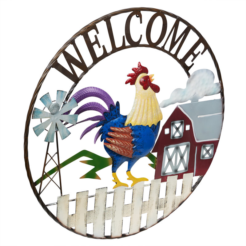 Alpine 30"H Large Round Rooster and Farm Welcome Wall Sign | Wayfair