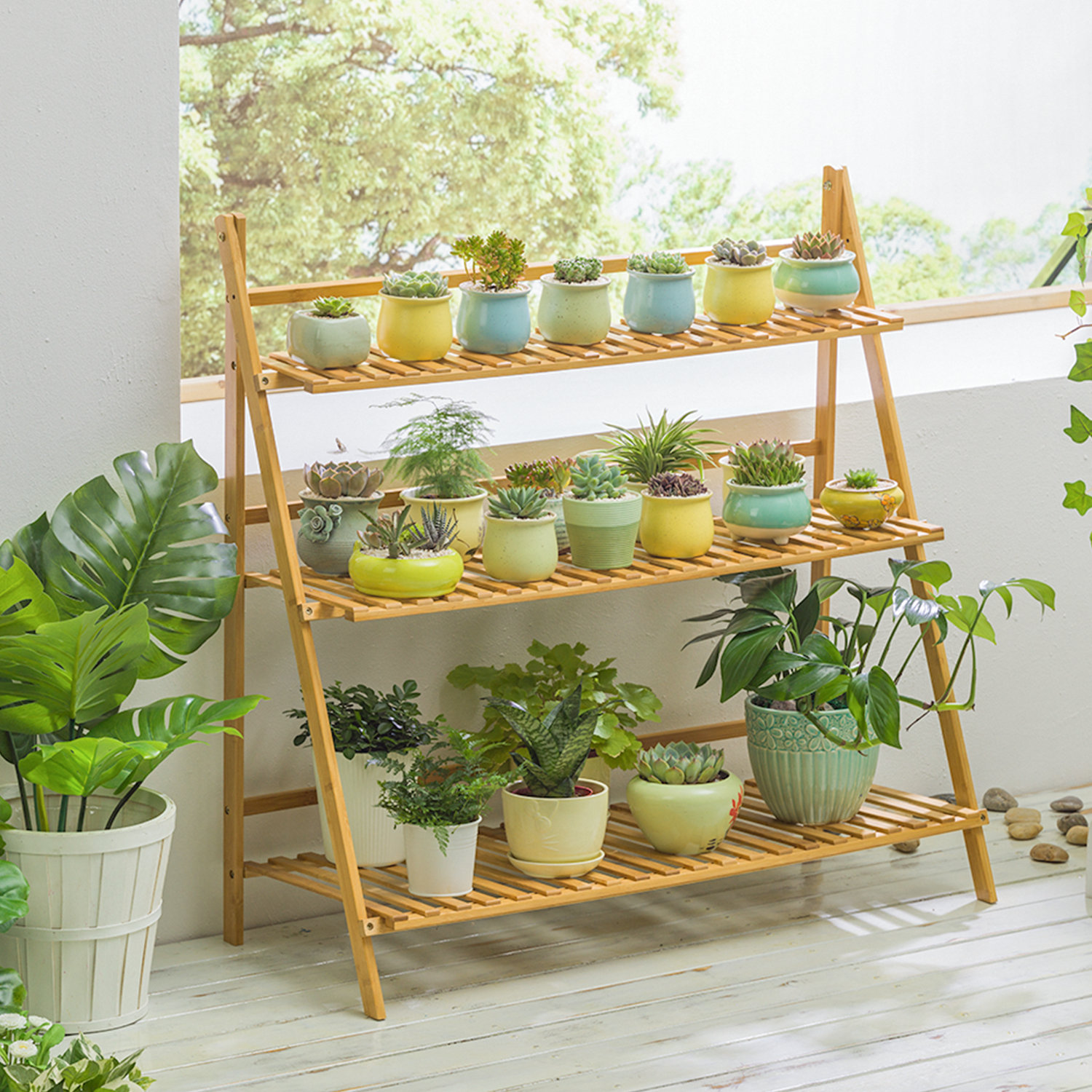 MoNiBloom 3 Tiers Trapezoidal Bamboo Wood Plant Pot Stand Folding ...