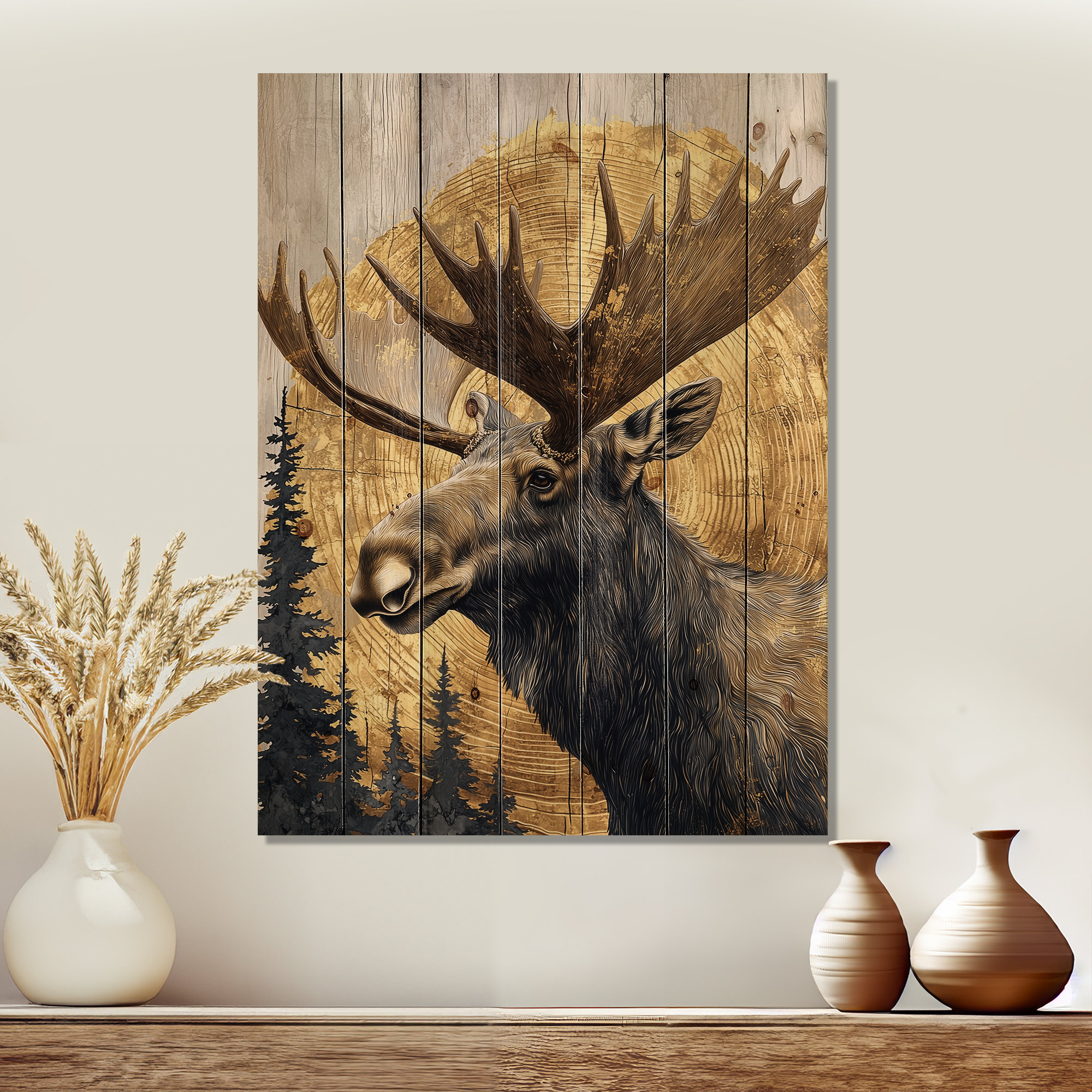 Ophelia & Co. Golden Moose Portrait In The Winter - Moose Wood Wall Art ...