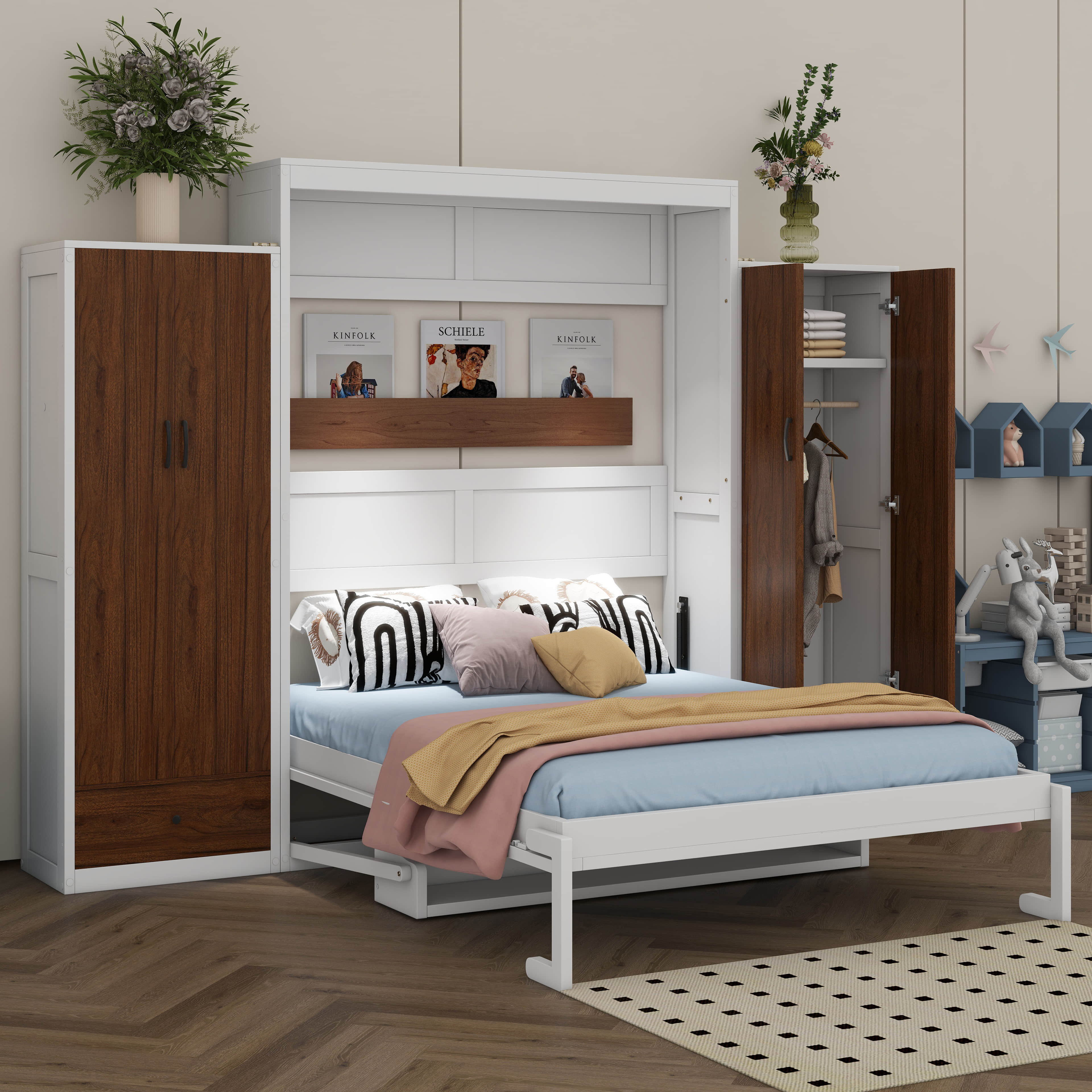 Orren Ellis Murphy Cabinet Bed With LED Light, Murphy Bed With Desk Wardrobe Storage Drawers ...