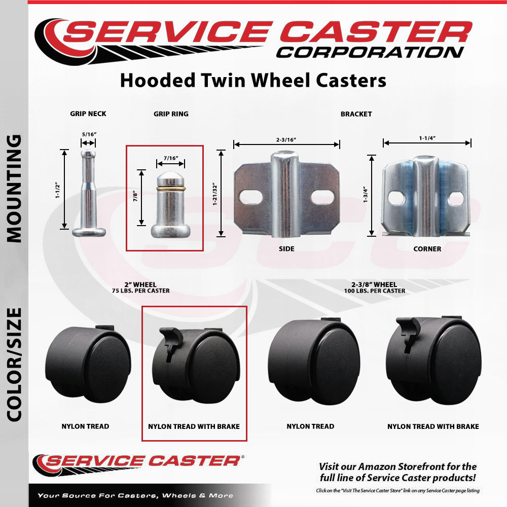 Service Caster 2 Inch Chair Casters Nylon Twin Wheel with Brakes 7/16 ...