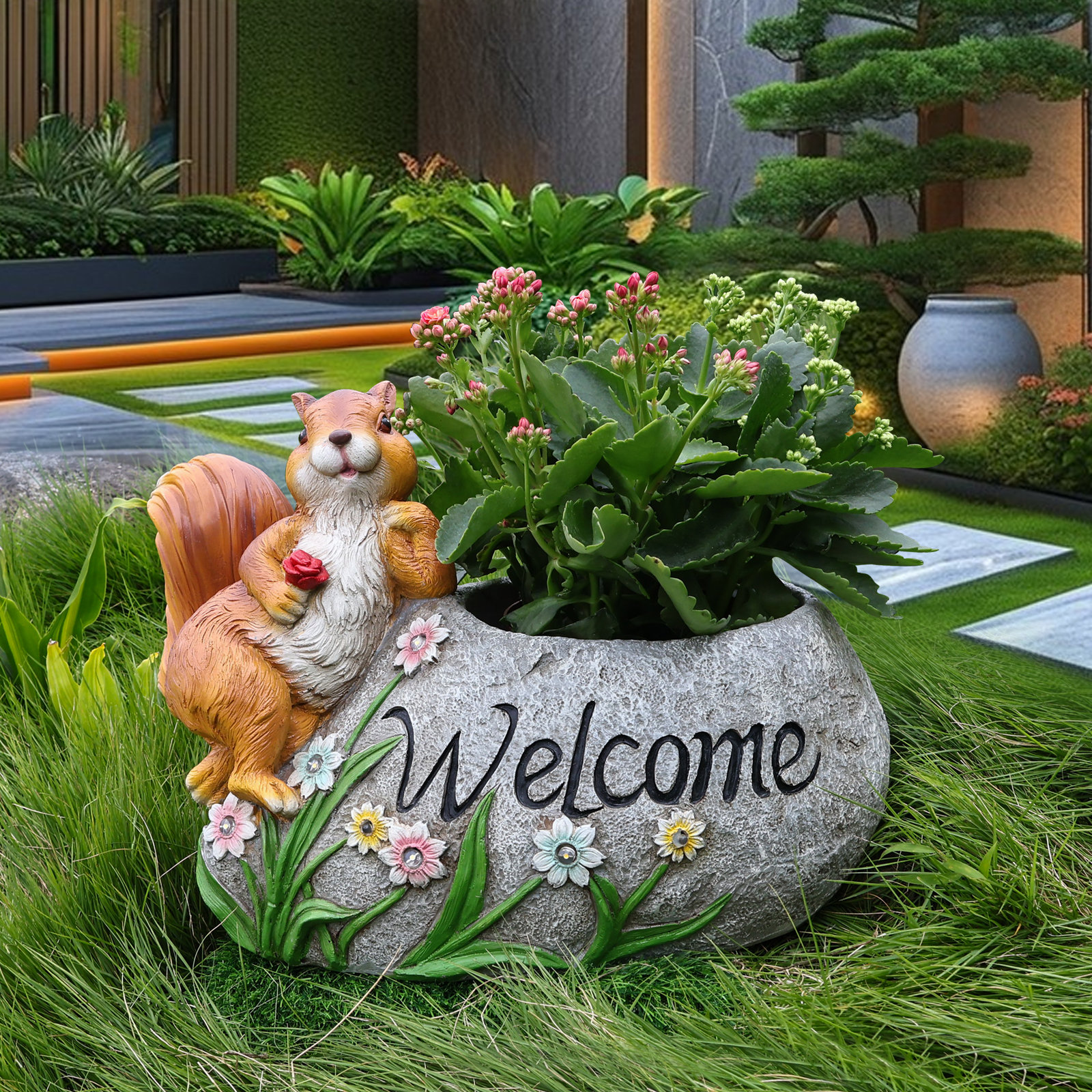 Arlmont & Co. Outdoor Solar Squirrel Statue Planter - Funny Landscape ...