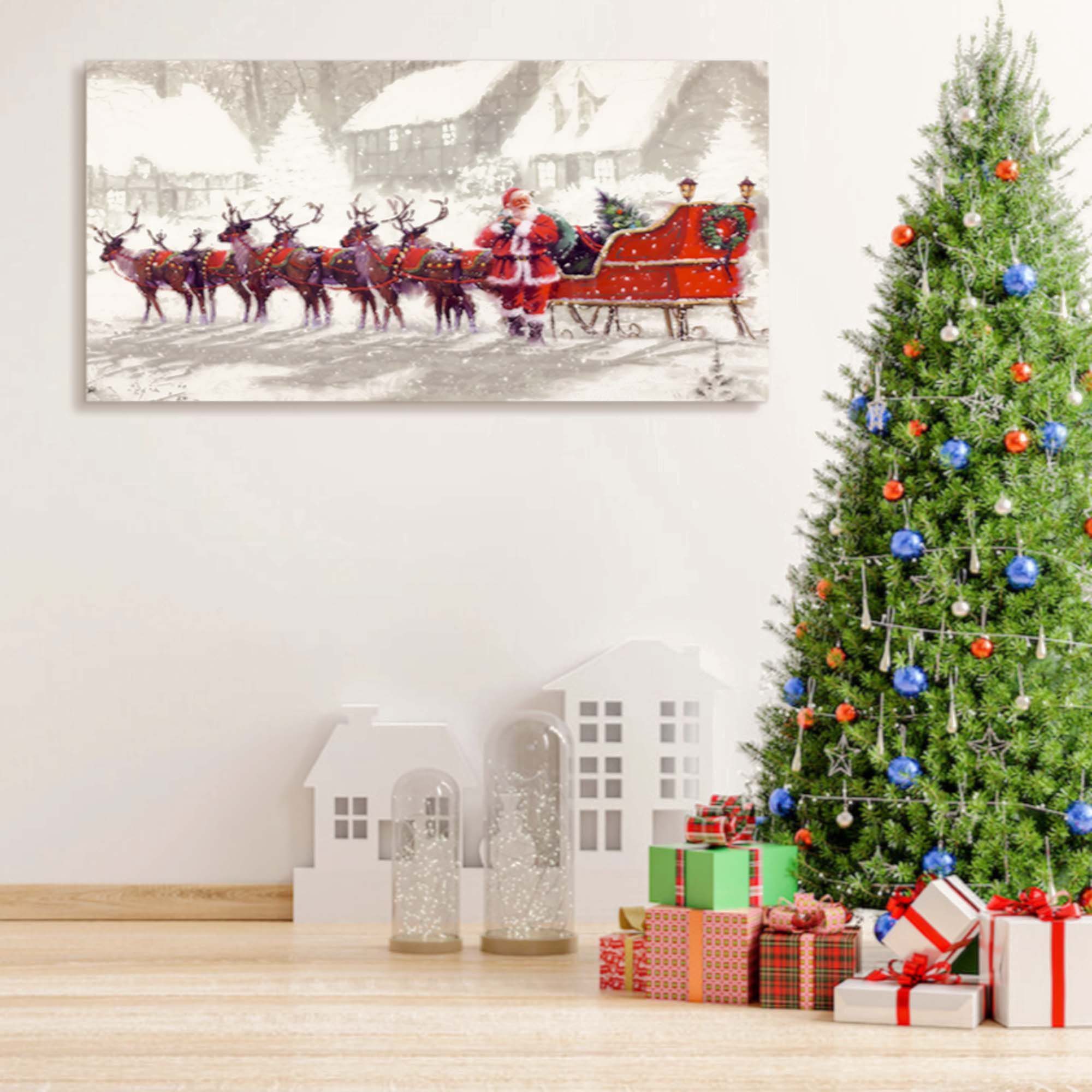 The Holiday Aisle® Framed Canvas Wall Art Decor Painting For Chrismas, Santa Claus With Reindeer ...