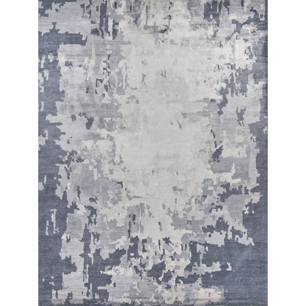 Exquisite Rugs Rayon From Bamboo Silk Abstract Hand-Knotted Blue/Gray ...