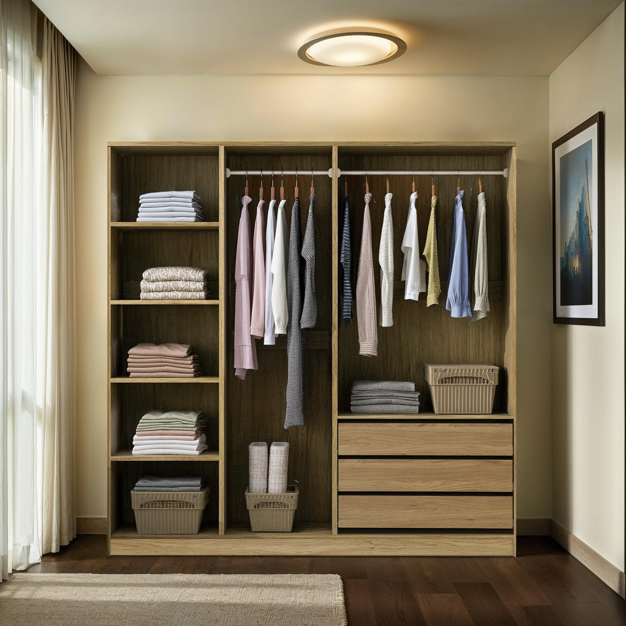 Latitude Run® Wooden Open Wardrobe Closet with Shelves and 3 Drawers ...