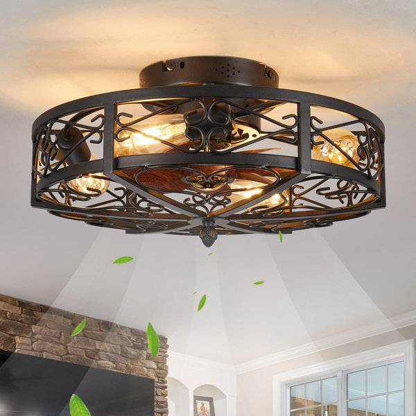 INKEDZ 20" Caged Farmhouse Flush Mount Ceiling Fan with Light and ...