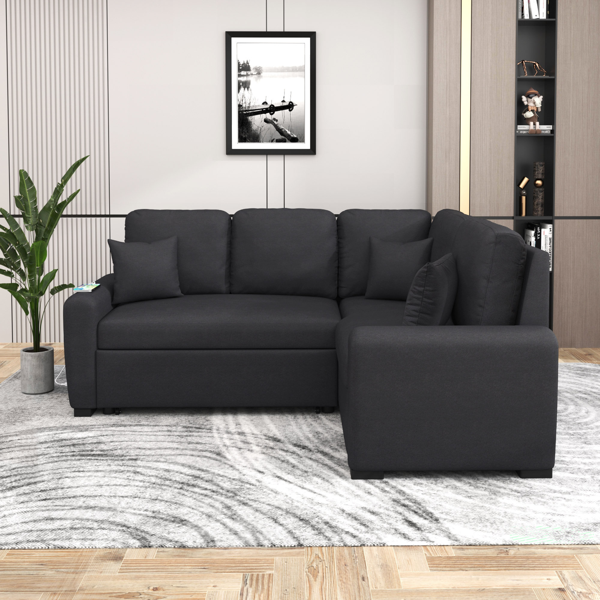 Latitude Run® Sectional Sleeper Sofa with USB Charging Port and Plug ...
