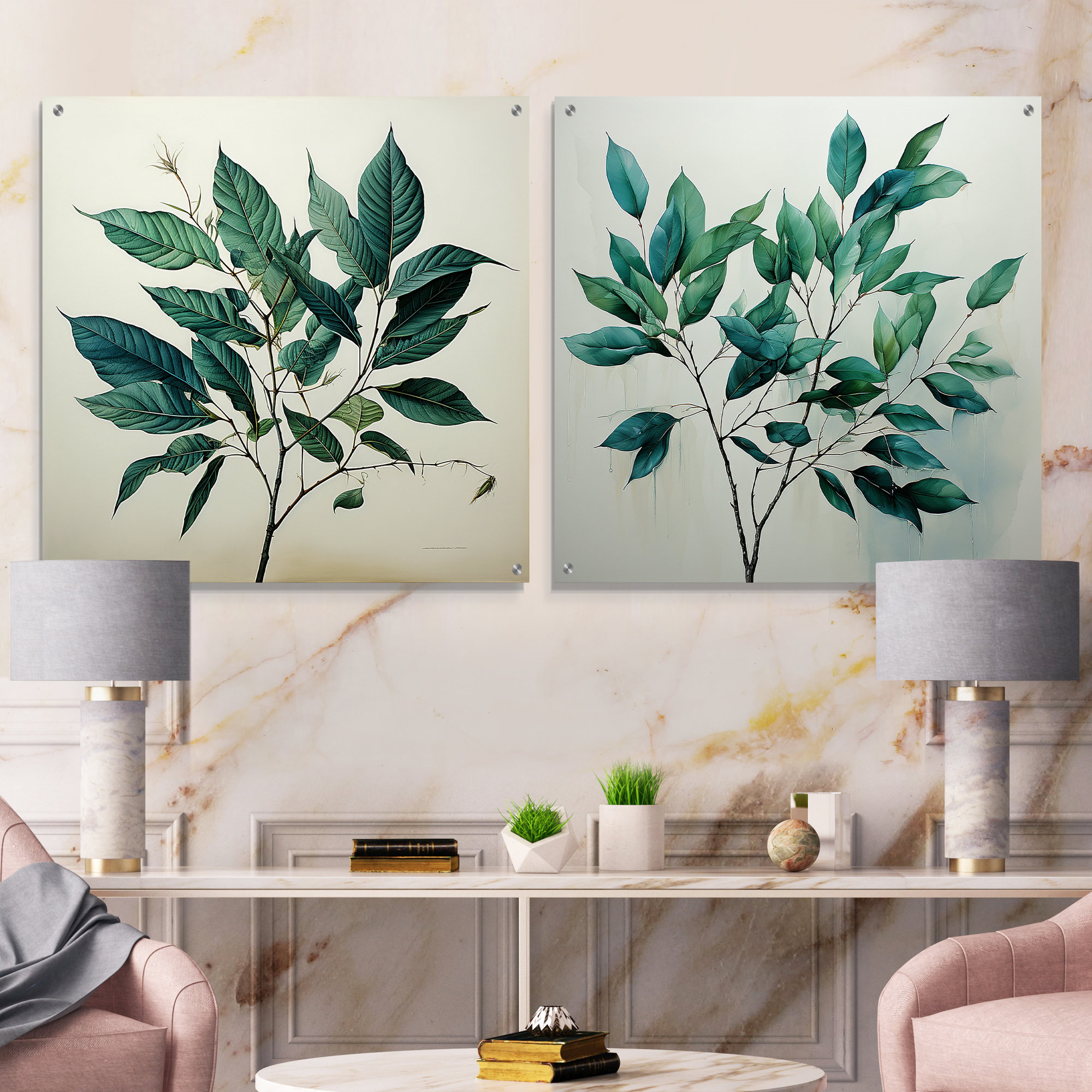 Lark Manor Teal Tenderness Subtle Leaf Impressions - Leaves Acrylic Wall Art Glass Set Of 2 ...