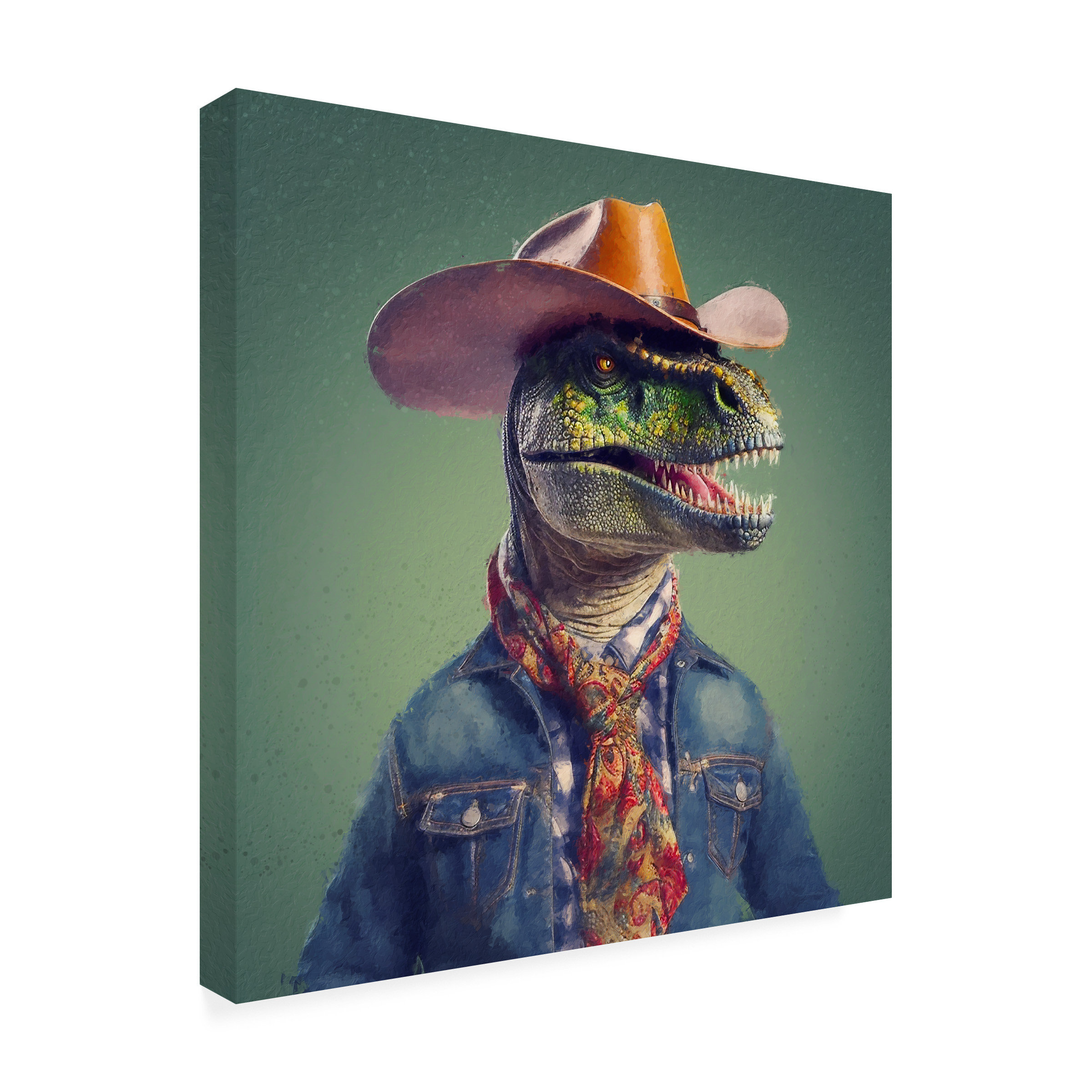 Trinx Kulendran Dino Cowboy On Canvas by Sean Parnell Print | Wayfair