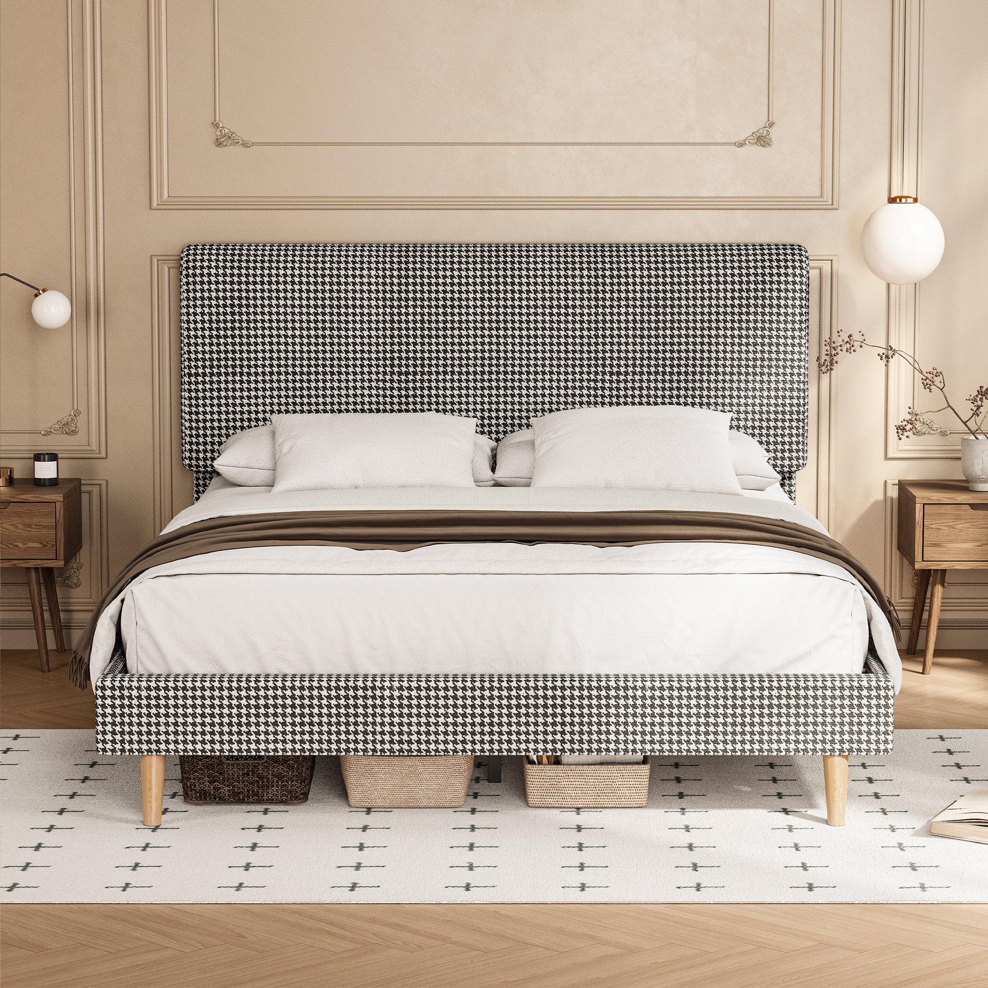 George Oliver Modern Low-profile Checkered Platform Bed, Upholstered ...