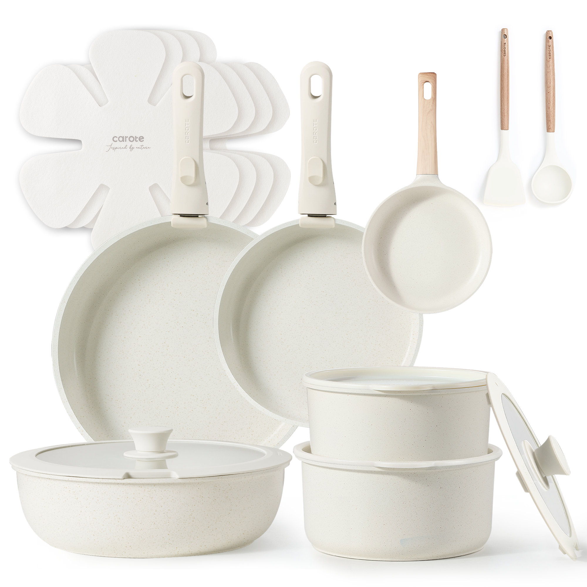CAROTE 18-Piece Nonstick Cookware Set with Detachable Handle, White ...