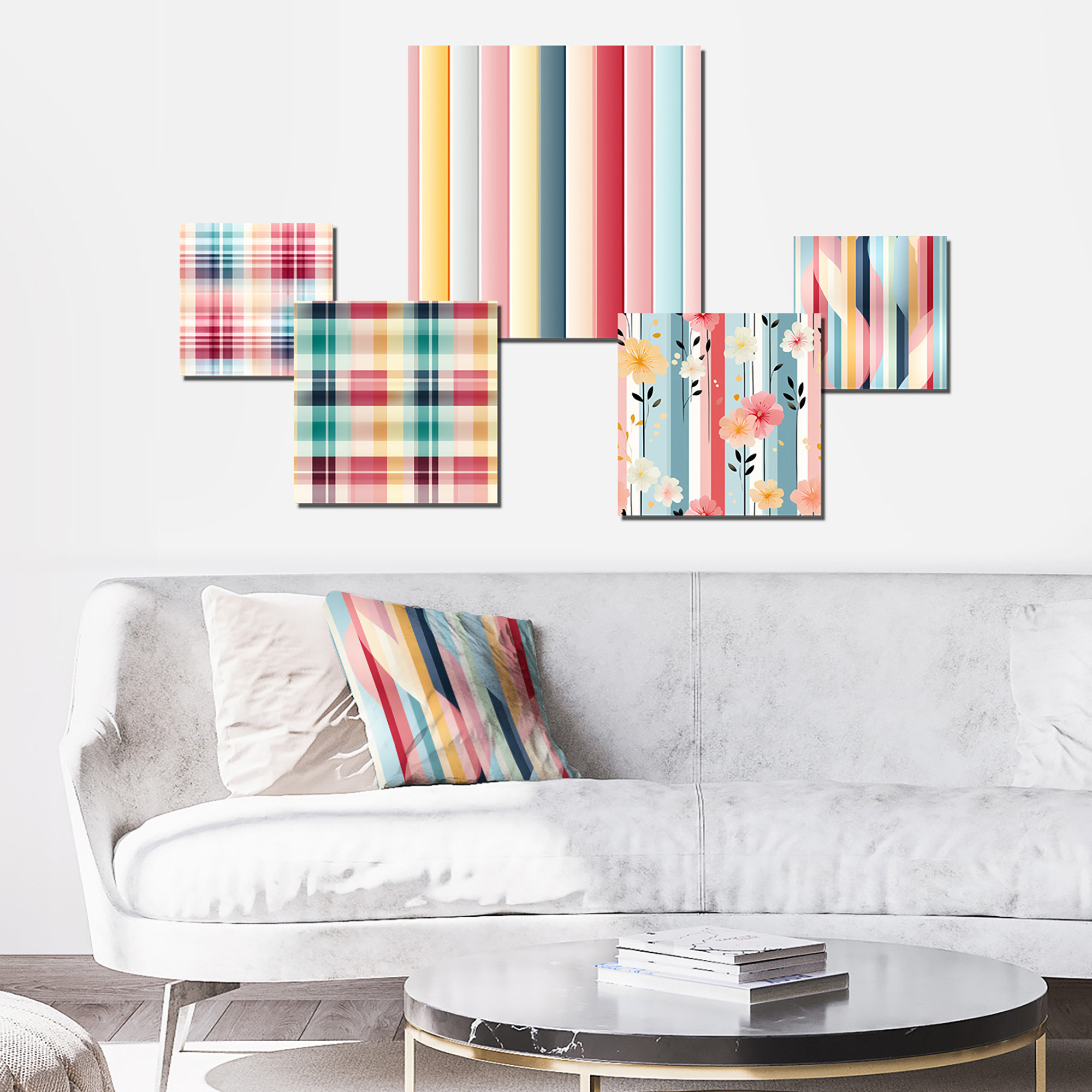 Design Art Blue And Pink Funky Retro Plaids Pattern - Plaid Wall Decor ...