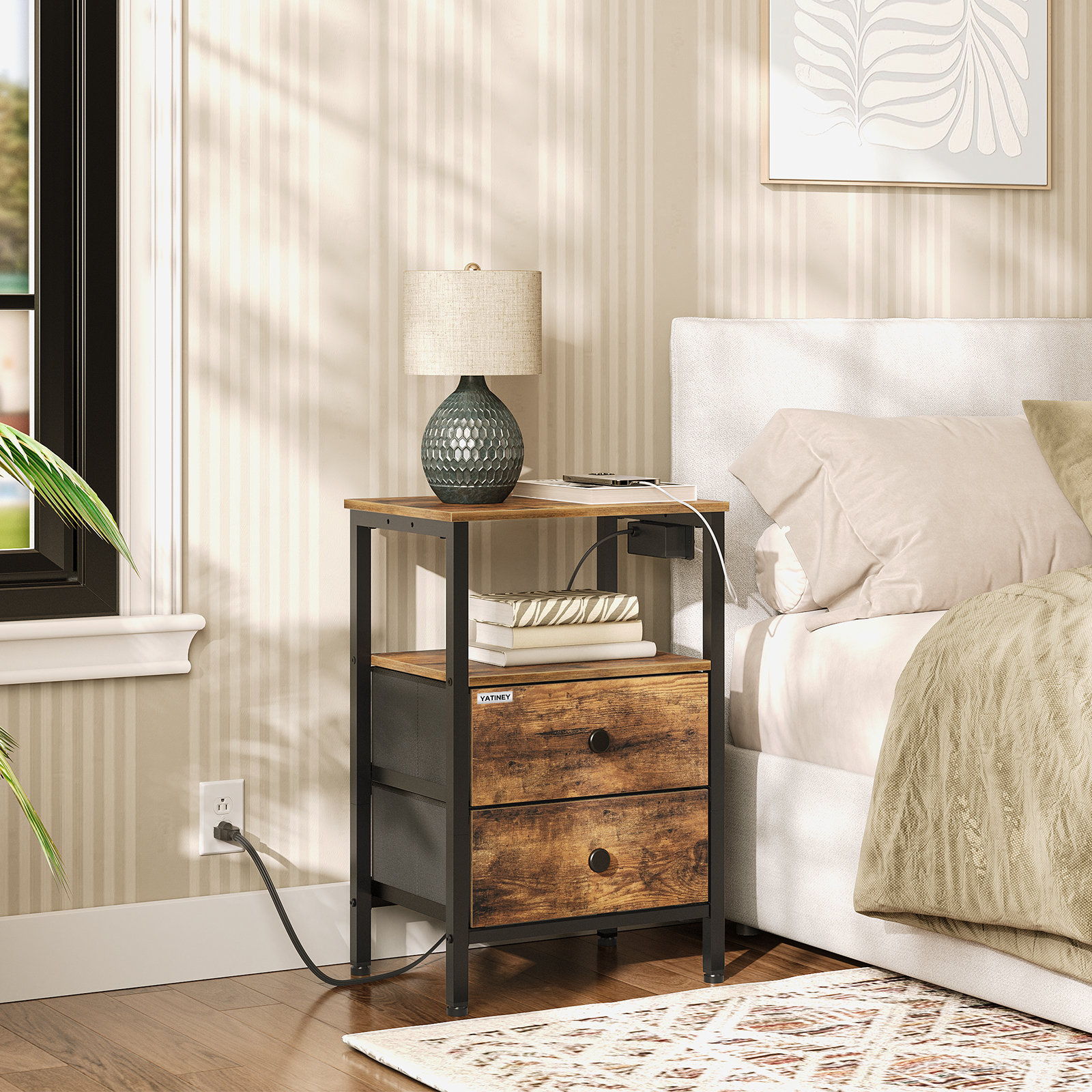 YATINEY Nightstands, Dorm Night Stand With Charging Station, Bedside ...