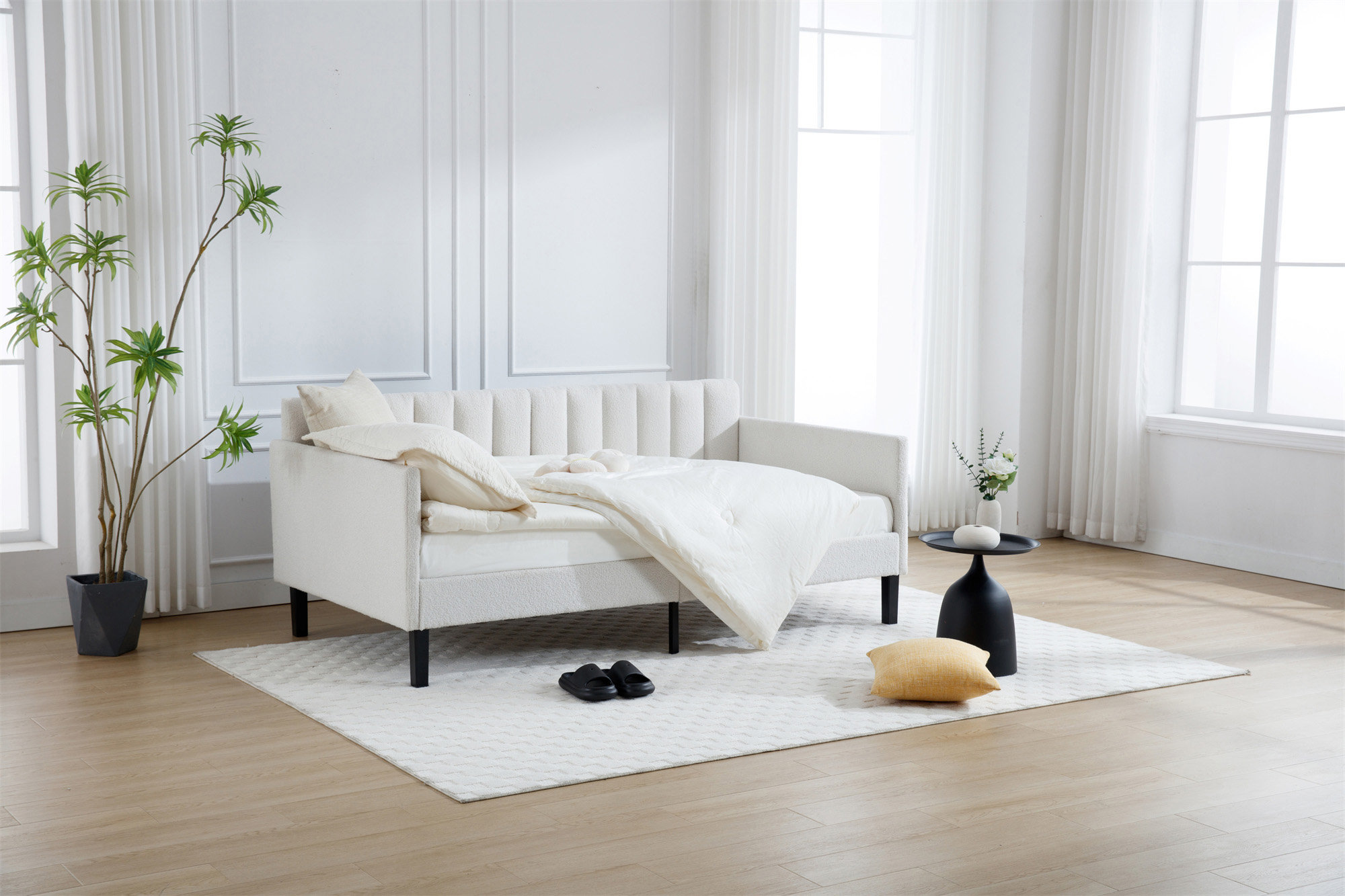 Latitude Run® Elena Twin Size Ivory Boucle Upholstered Daybed, Ribbed ...