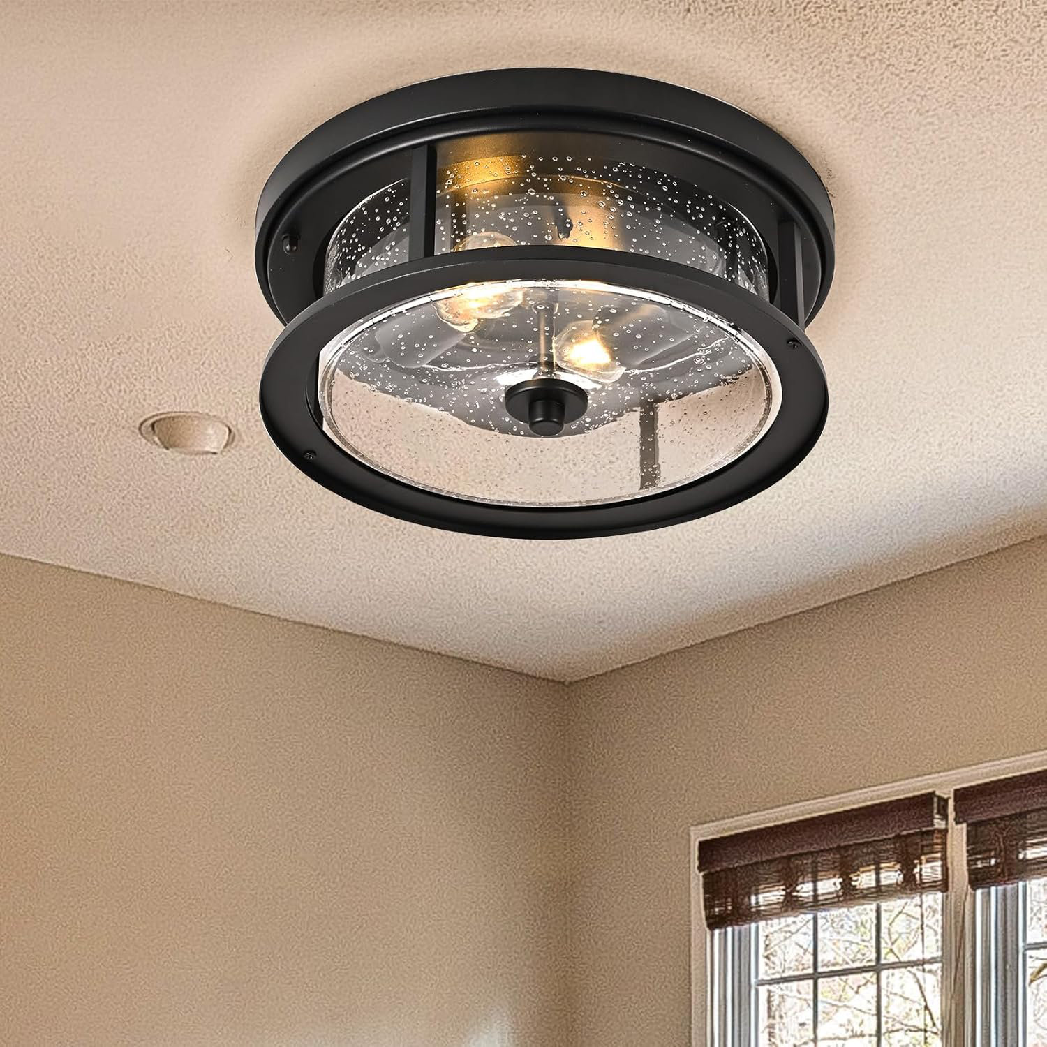 MABOSY Black Ceiling Light Fixtures Flush Mount Light 2 Bulb With Glass ...